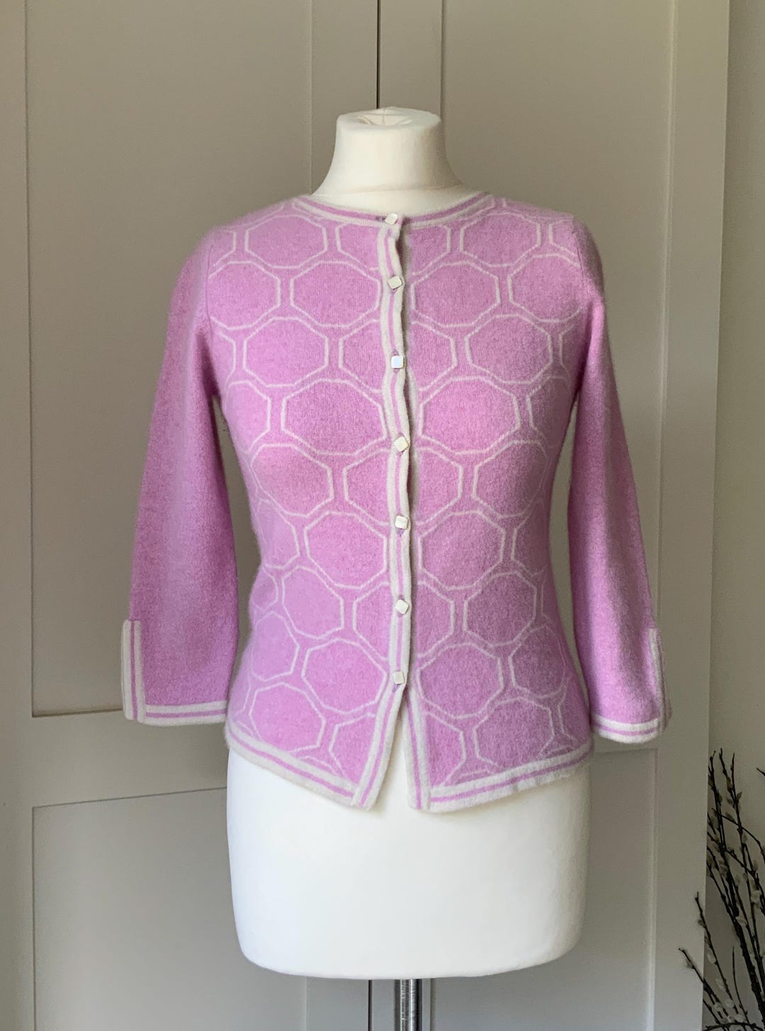 Vintage Glenmac Scottish Cashmere Cardigan Pink Lilac White Trim Retro ...