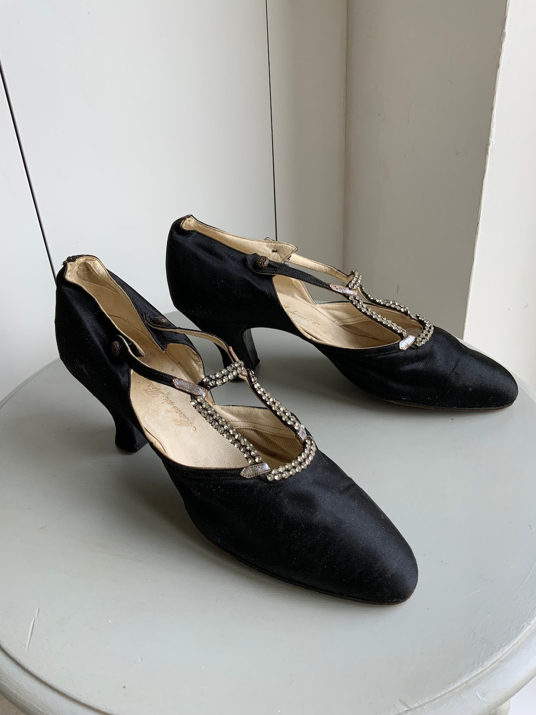 Antique Rare 1920s Black Silk Satin Flapper Evening Shoes Rhinestone ...