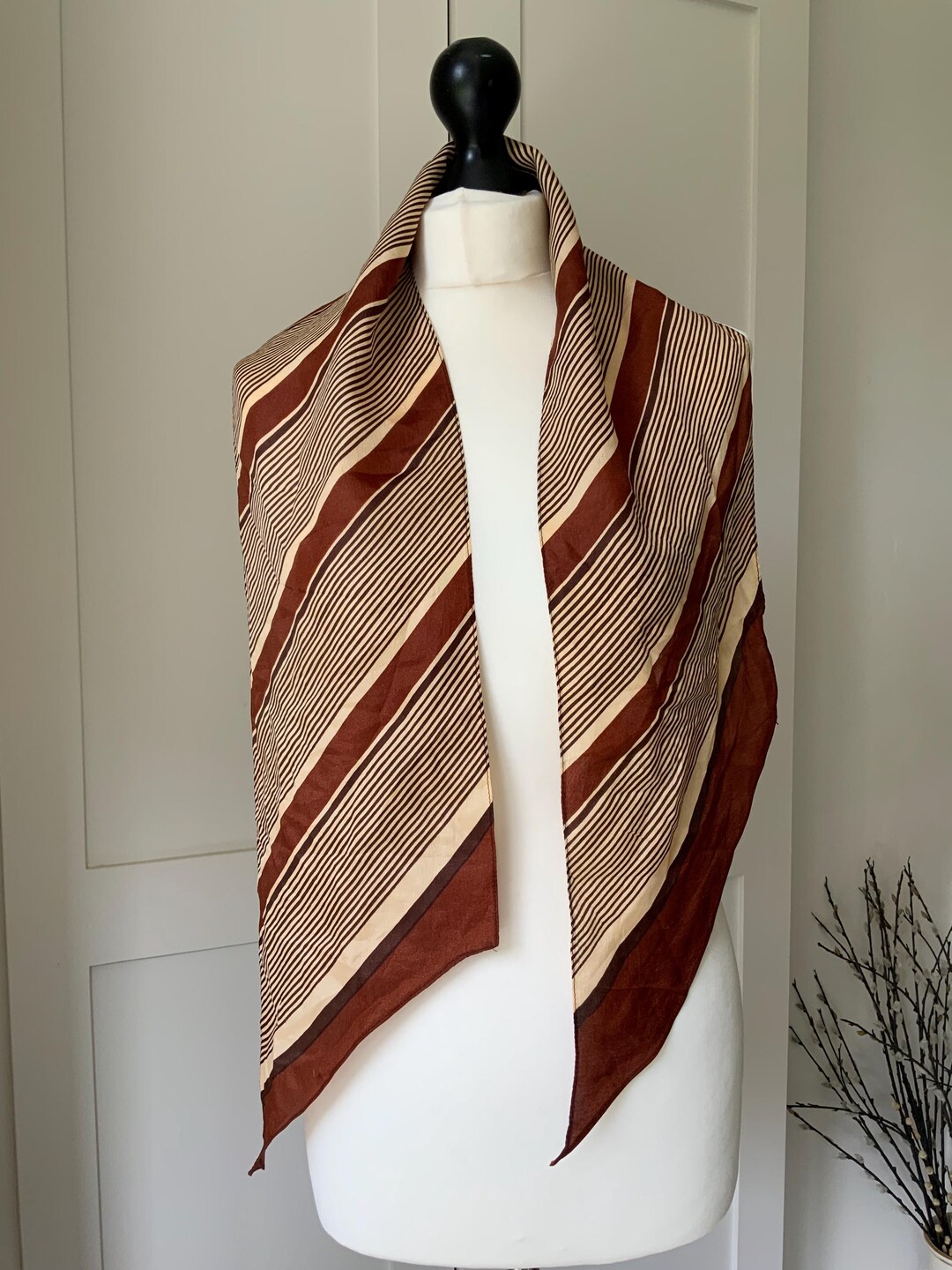 Original 1970s Biba Silky Rayon Pointed Scarf Brown Cream Striped ...