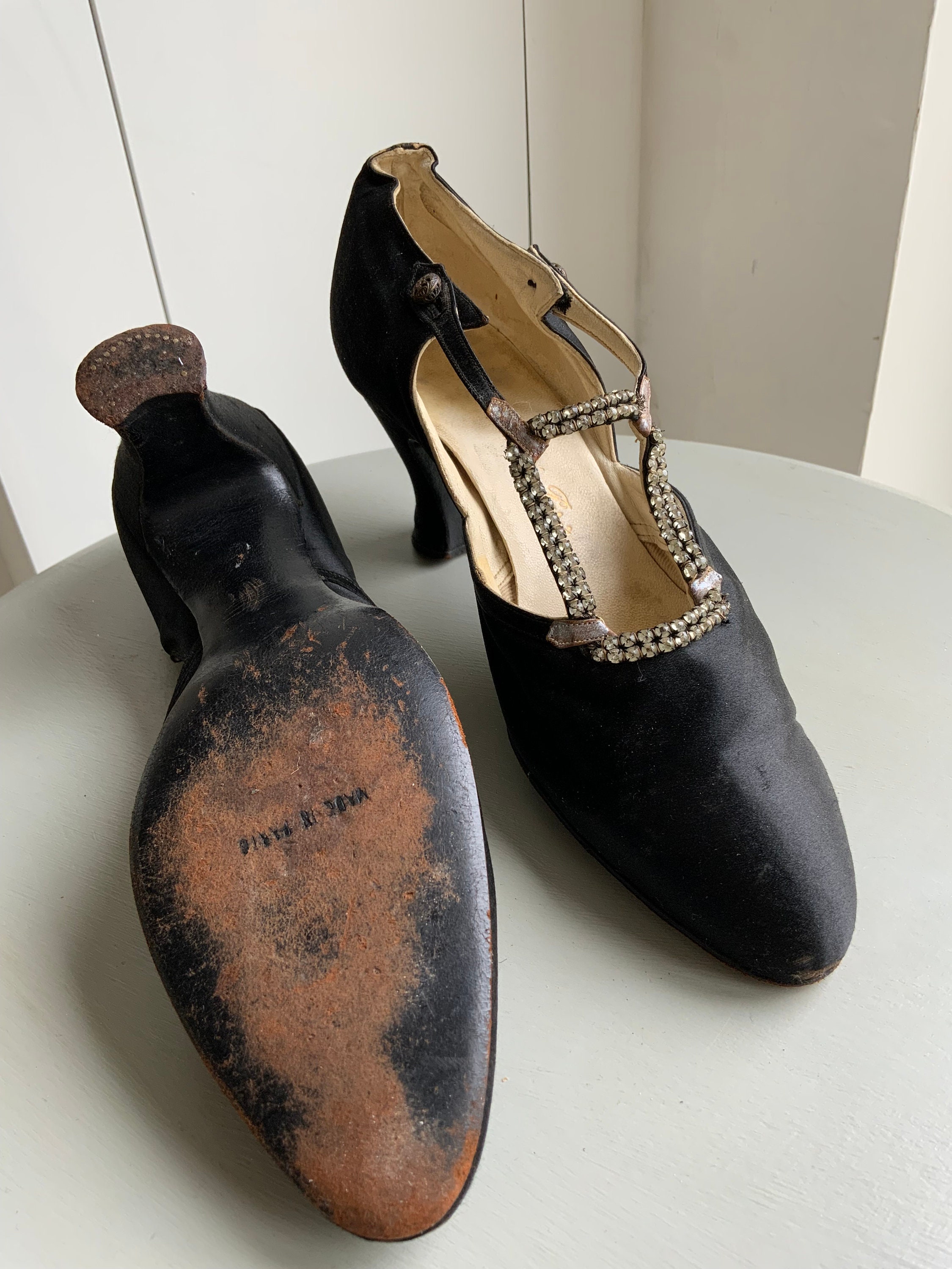Antique Rare 1920s Black Silk Satin Flapper Evening Shoes Rhinestone ...