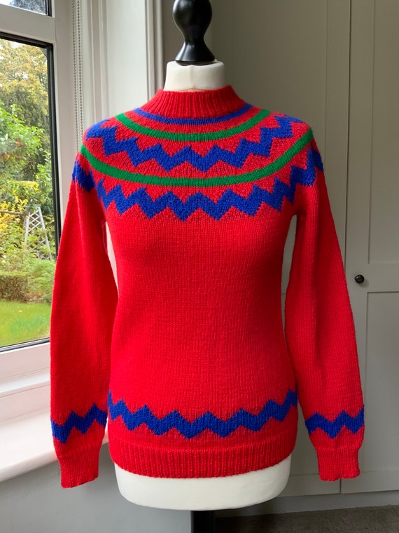 Vintage 1970s 1980s Red Fairisle Wool Hand Knitted Sw… - Gem