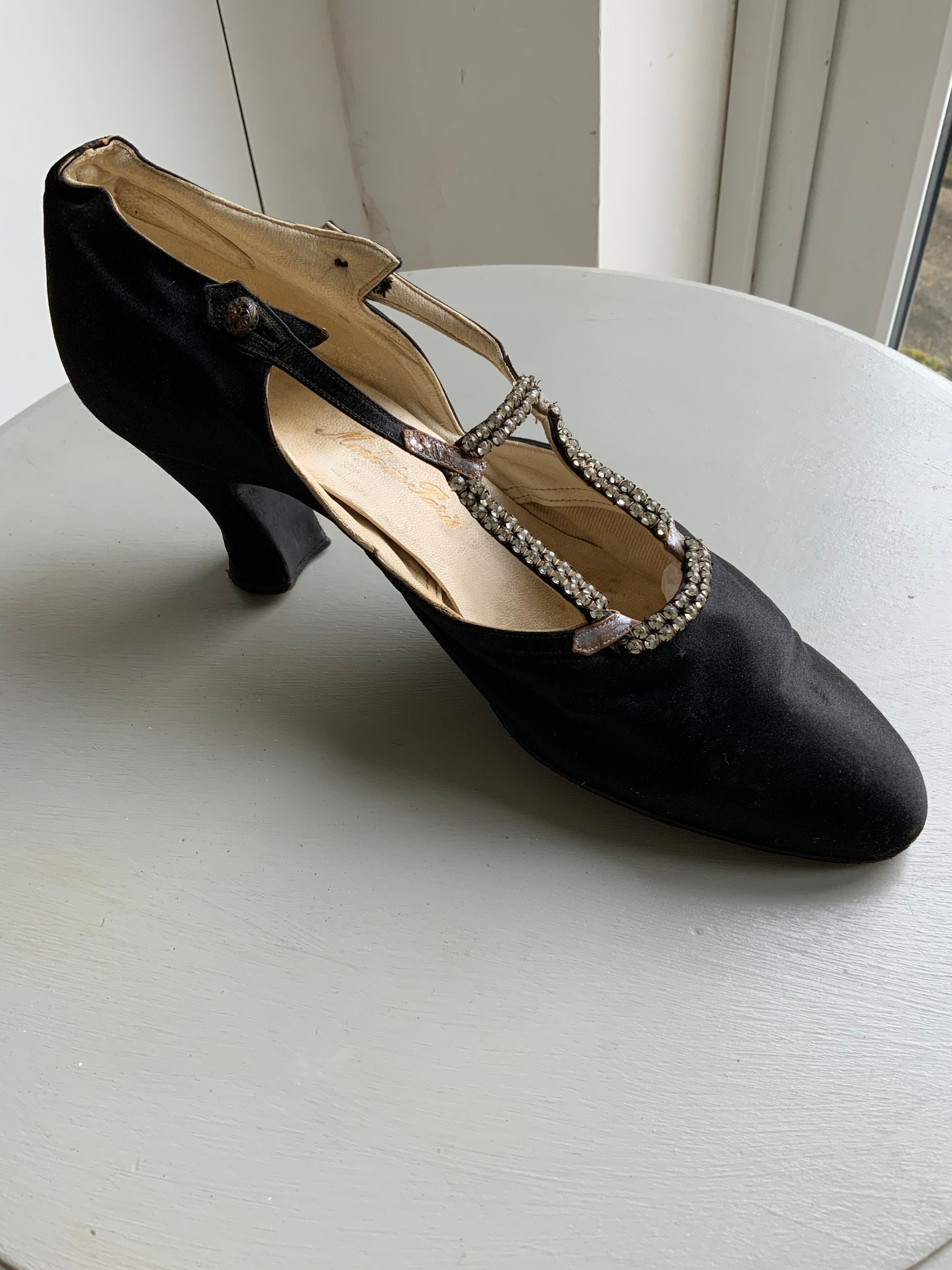 Antique Rare 1920s Black Silk Satin Flapper Evening Shoes Rhinestone ...