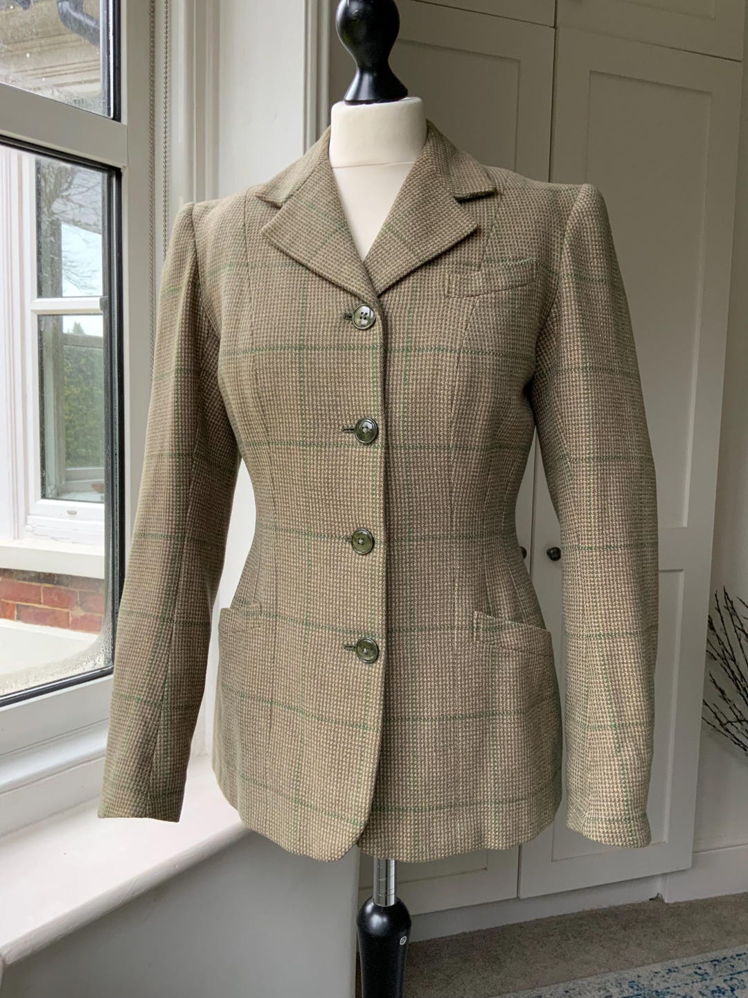 Superb Vintage 1940s Tailor Made Houndstooth Tweed Wool Jacket Beige Caramel Brown Green Peach ...