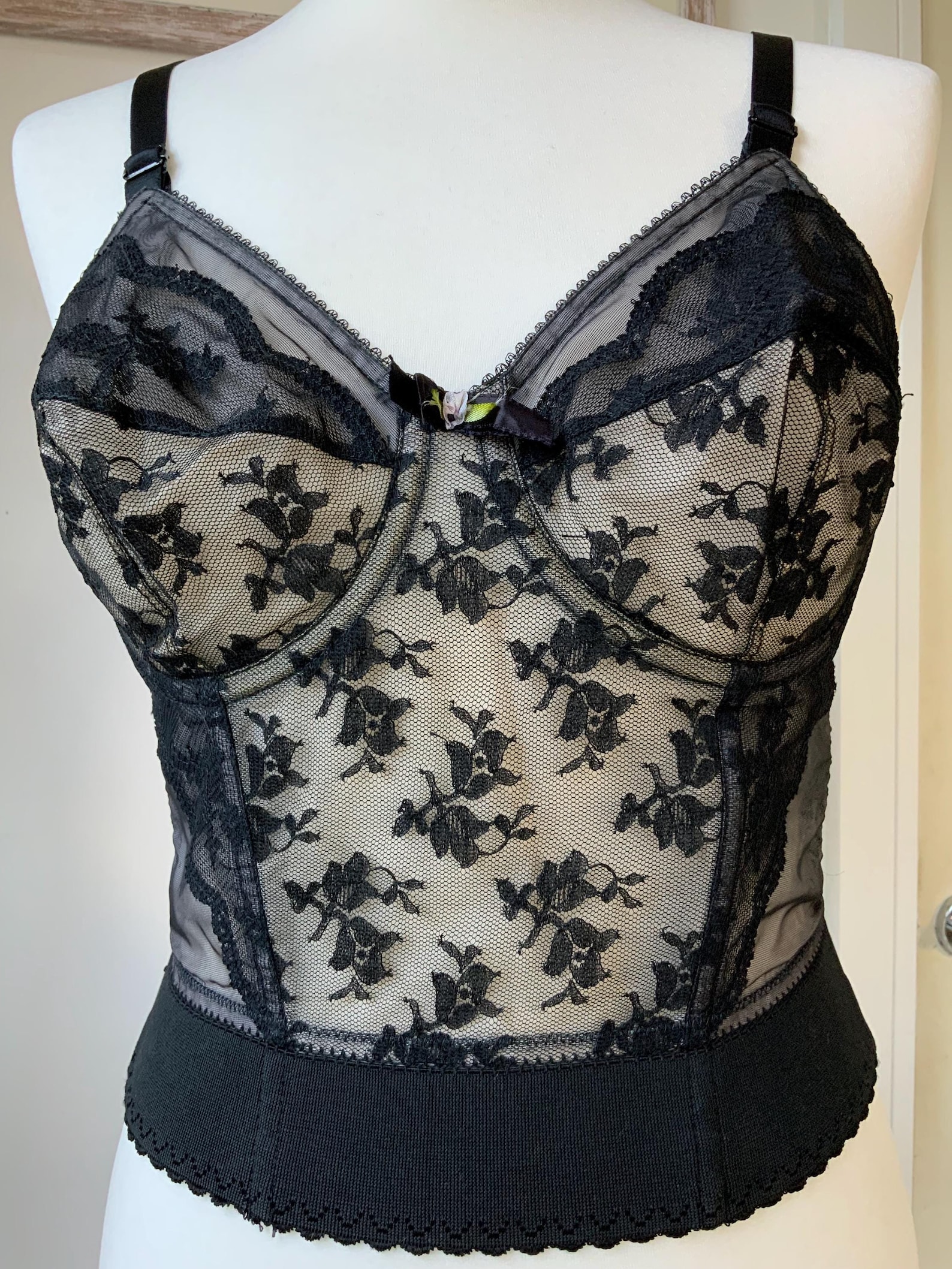 Vintage Lady Marlene 1960s Black Lace Boned Bustier Longline Bra Corset ...