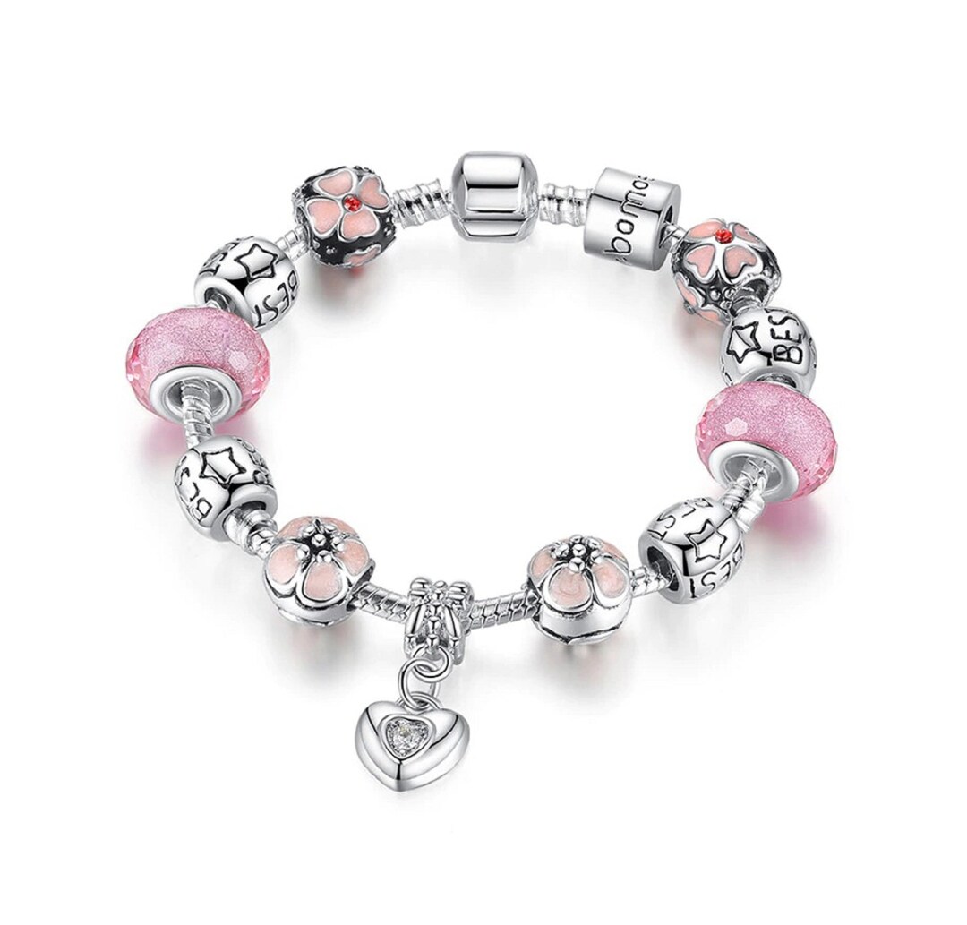 Crystal Heart Charm Bracelet, Snake Chain Charm for Bracelet, Pink ...