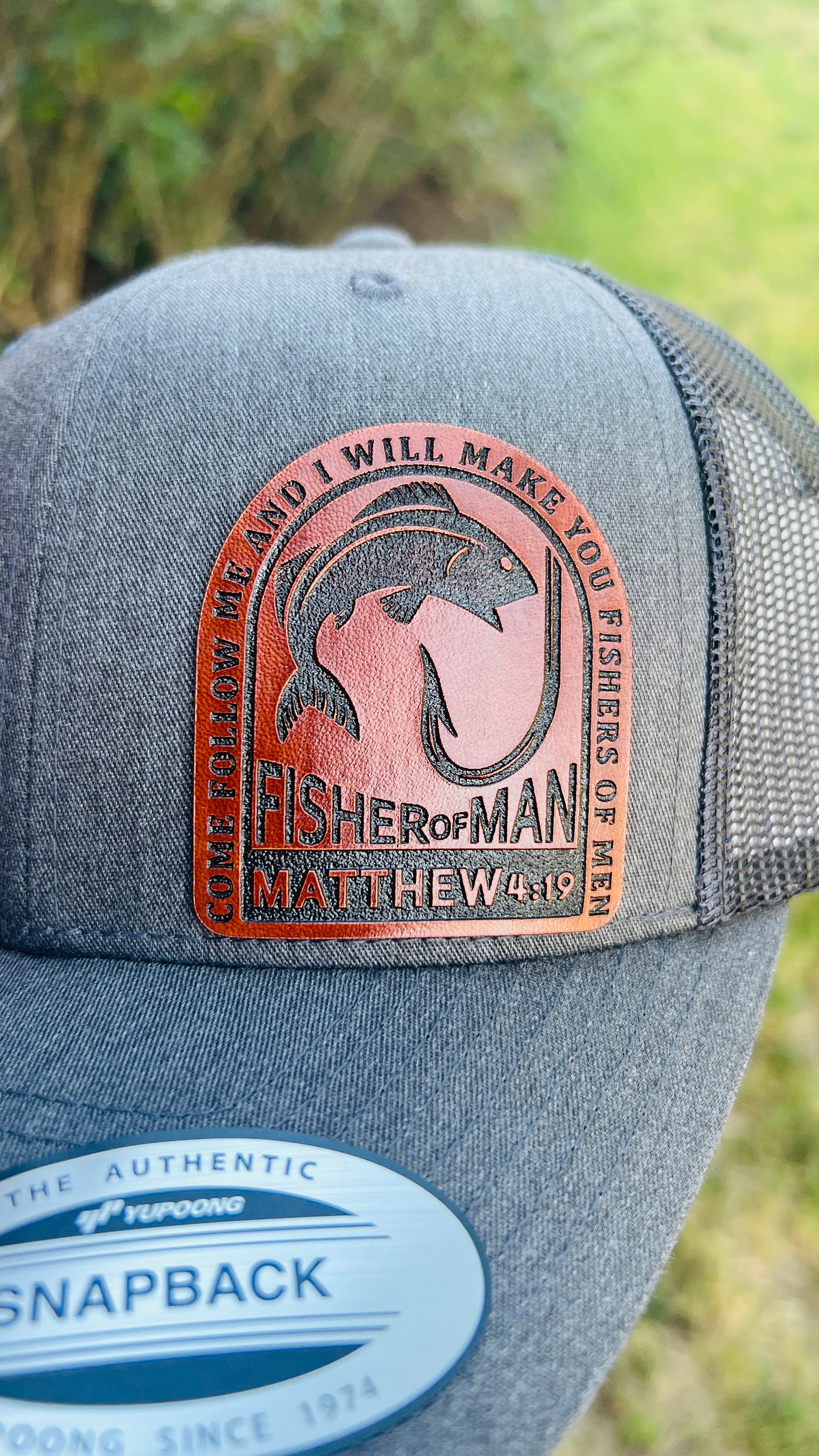 Fisher of Man, Matthew 4:19, Custom Leather Patch Hats lady's Ponytail ...