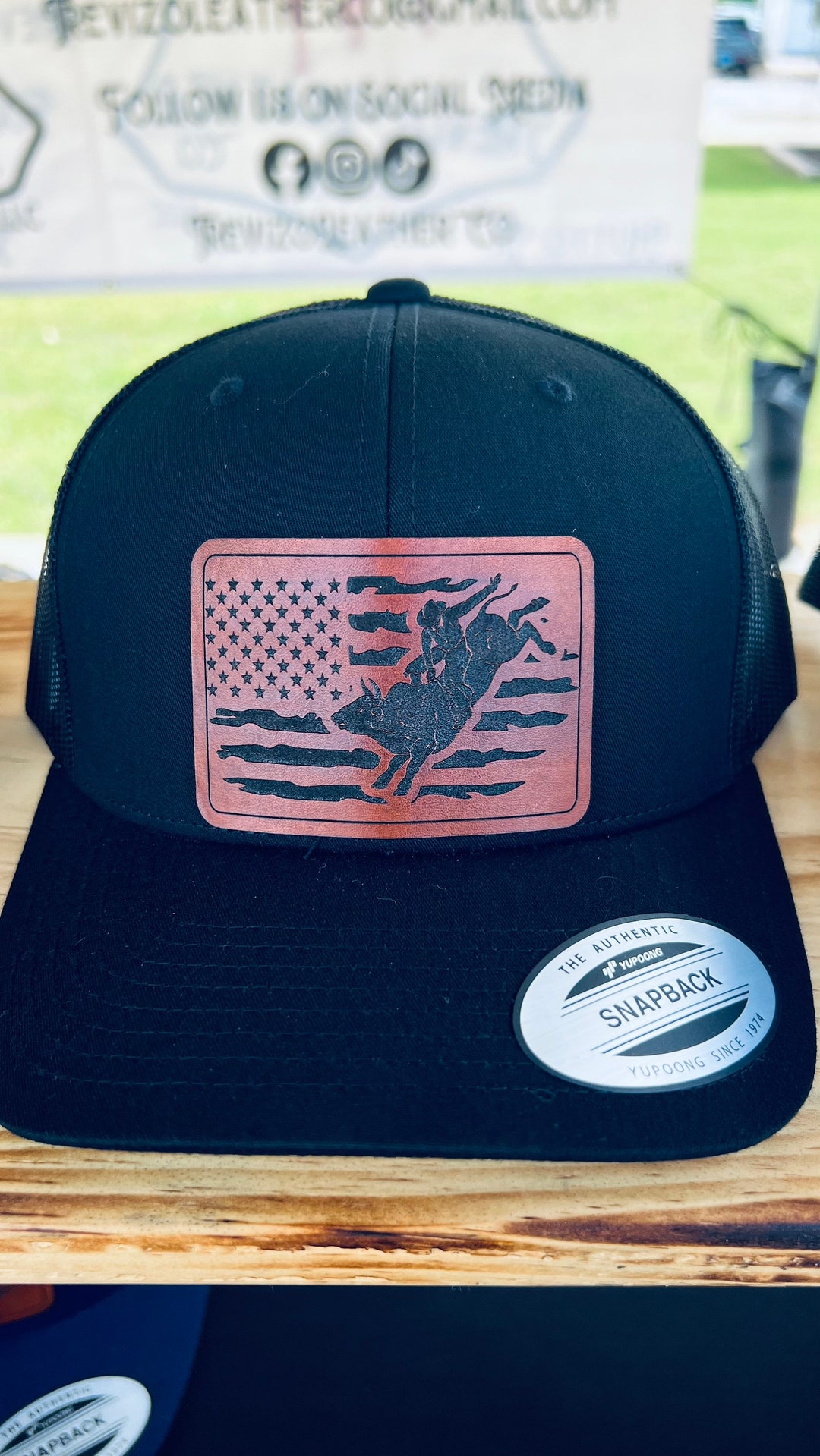 Bull Rider on American Flag Leather Patch Hat, Custom Leather Patch ...