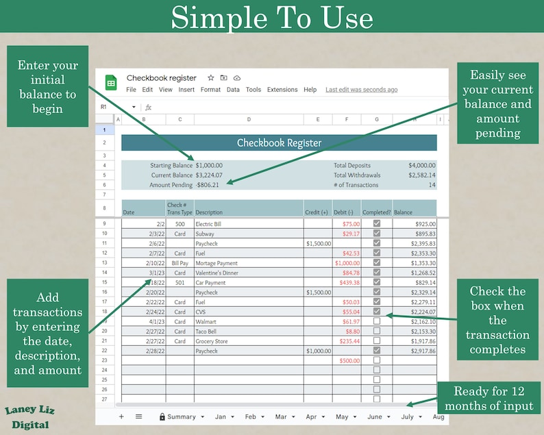 Digital Checkbook Register - Google Sheets | Checkbook Template - Etsy