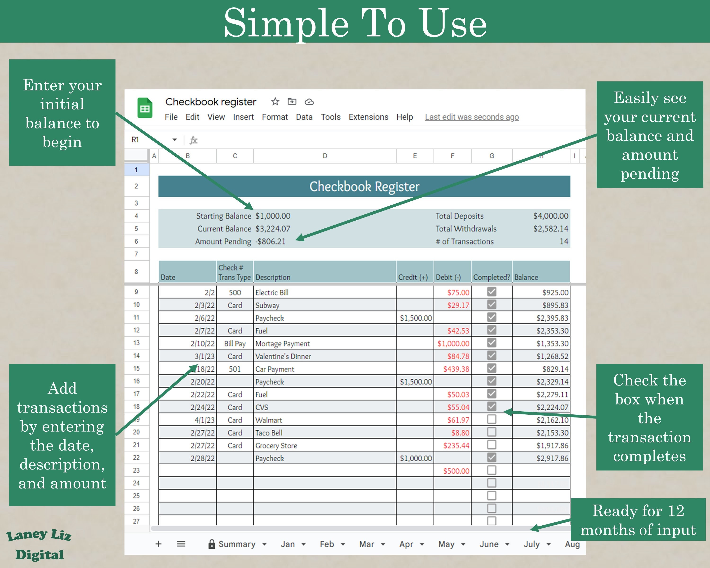 Digital Checkbook Register - Google Sheets | Checkbook Template - Etsy