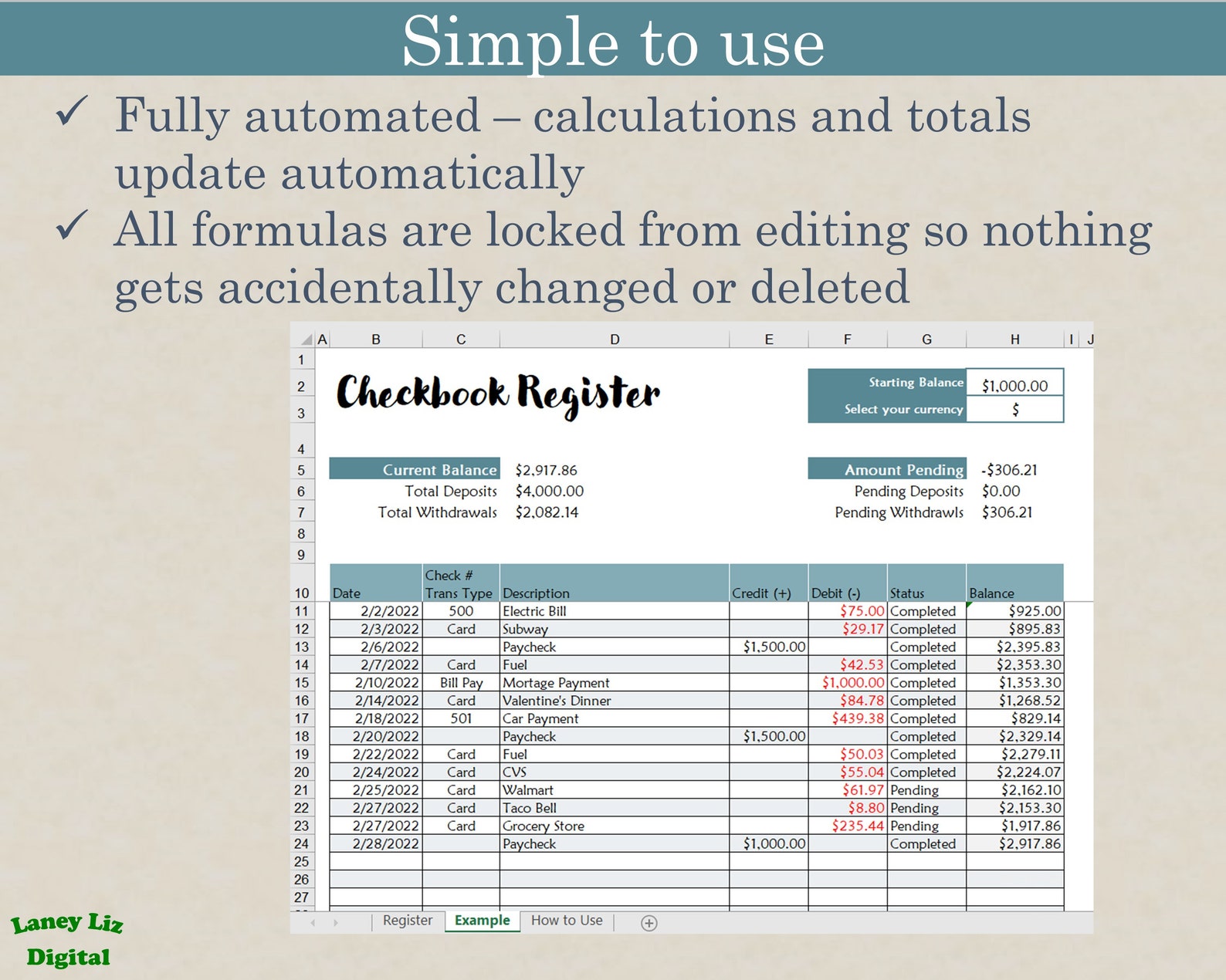 Digital Checkbook Register - MS Excel | Checkbook Template - Etsy