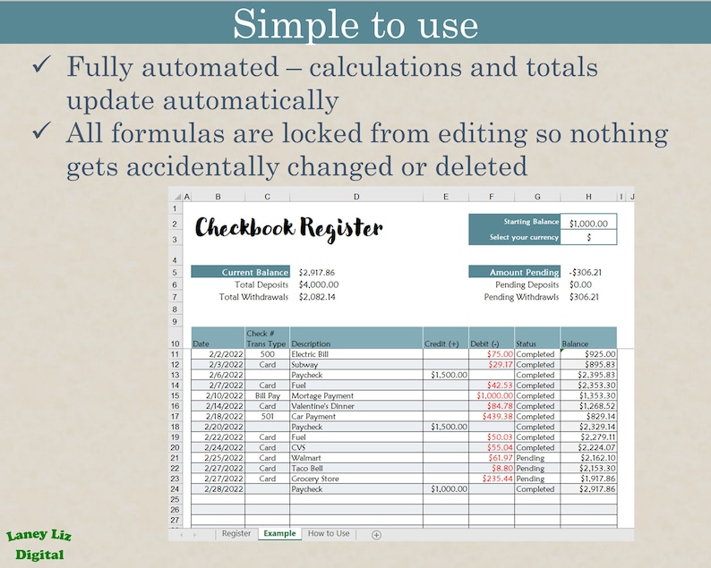 Digital Checkbook Register - MS Excel | Checkbook Template - Etsy