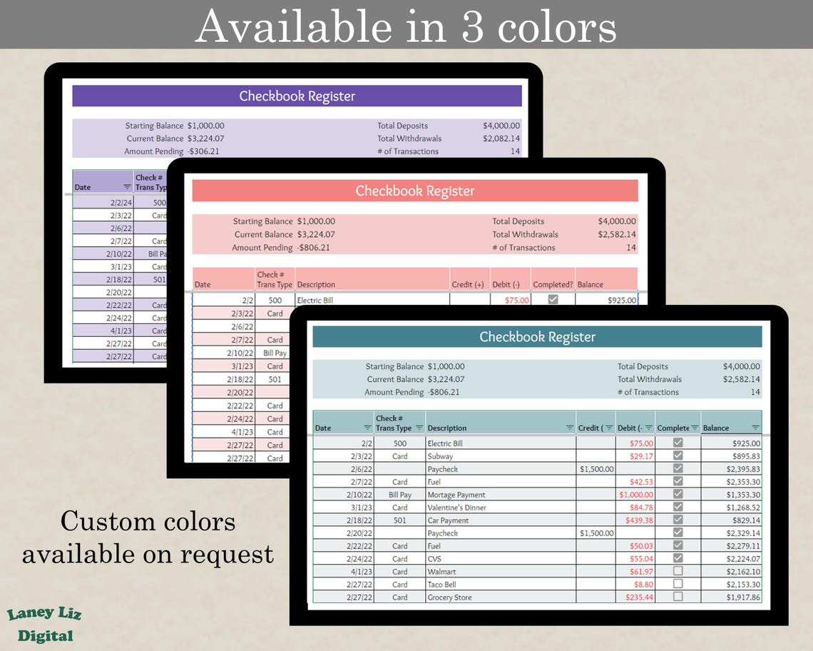 Digital Checkbook Register - Google Sheets | Checkbook Template - Etsy