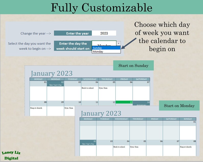 Editable Monthly Calendar Blue Grey Digital Excel Calendar 2023 Full ...