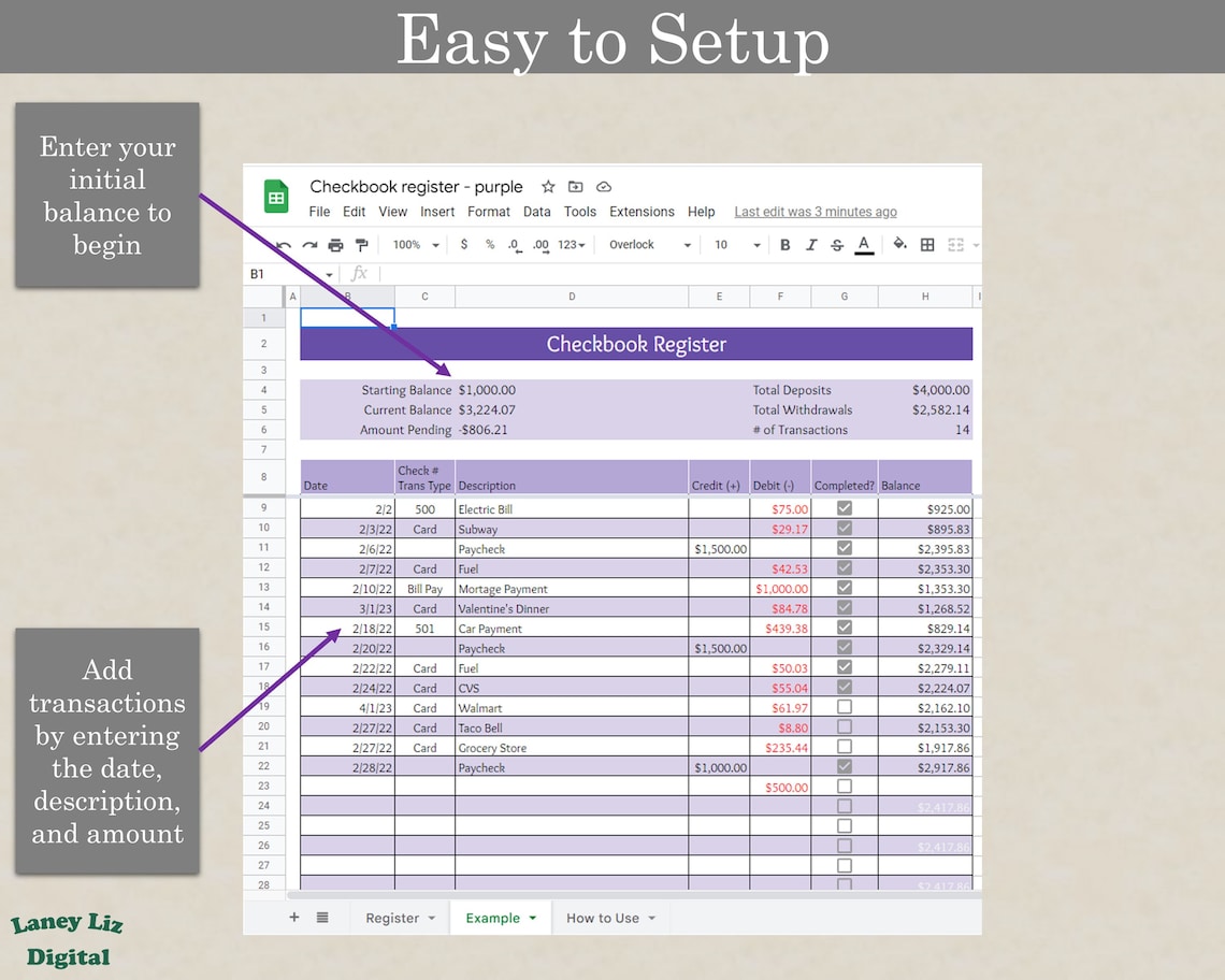 Digital Checkbook Register Google Sheets | Budget & Expense Tracker ...