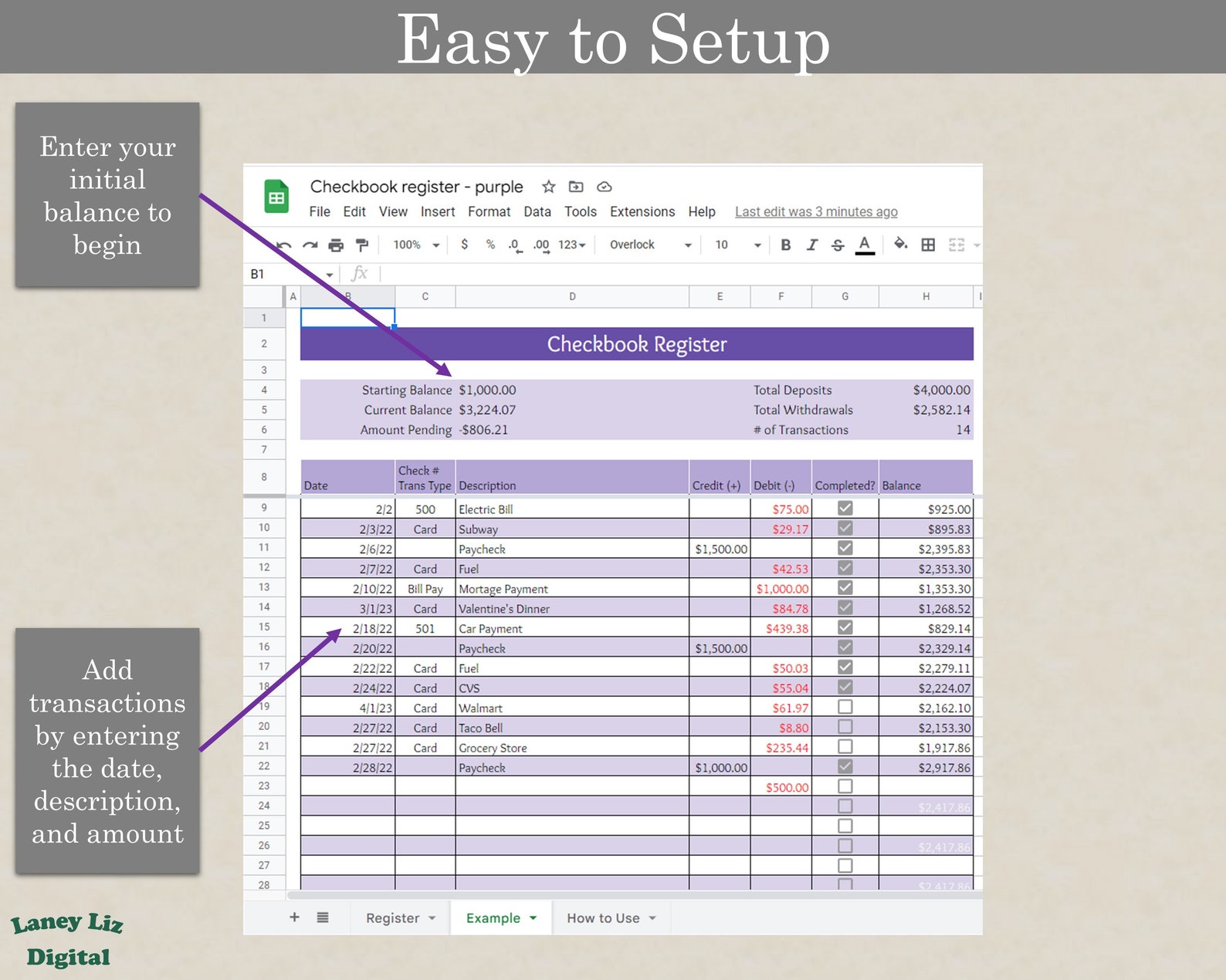 Digital Checkbook Register - Google Sheets | Checkbook Template - Etsy