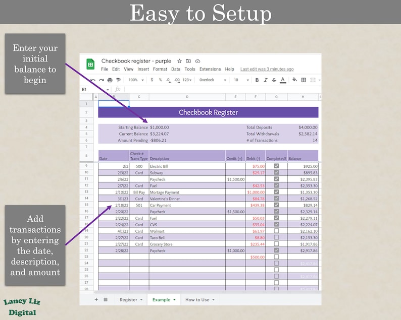 Digital Checkbook Register Google Sheets | Budget & Expense Tracker ...