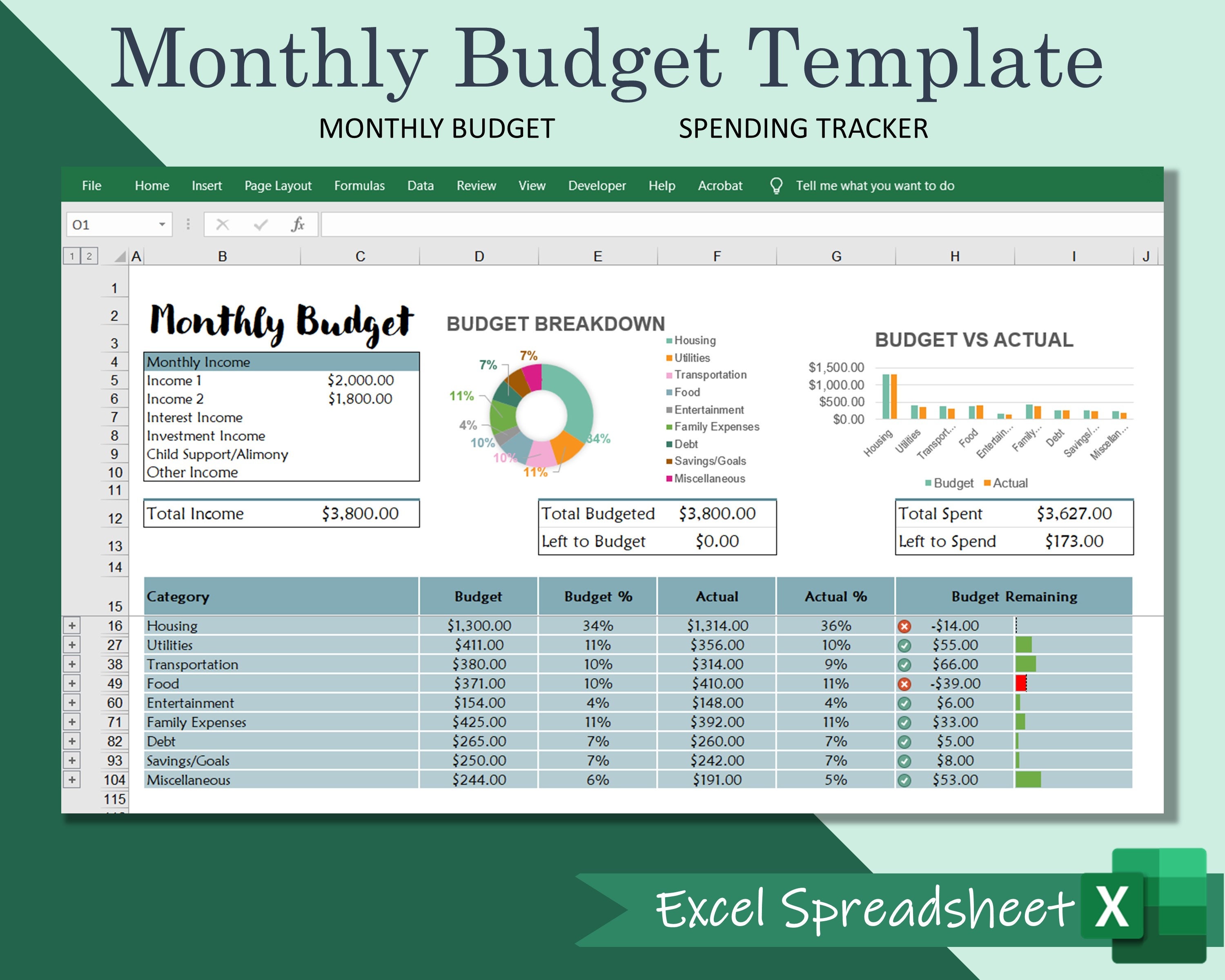 Monthly Budget Template - MS Excel | Budget Spreadsheet - Etsy