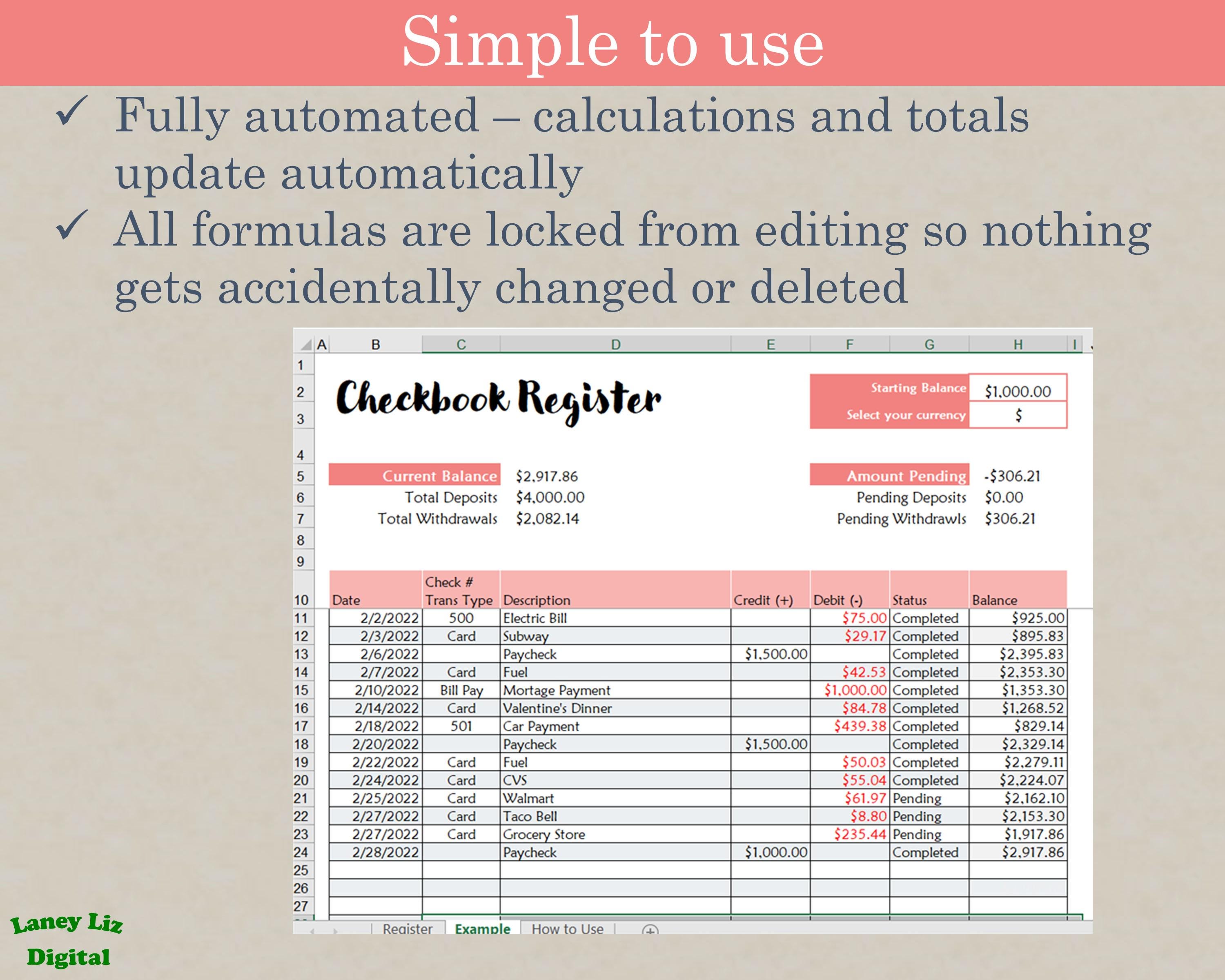 Digital Checkbook Register - MS Excel | Checkbook Template - Etsy