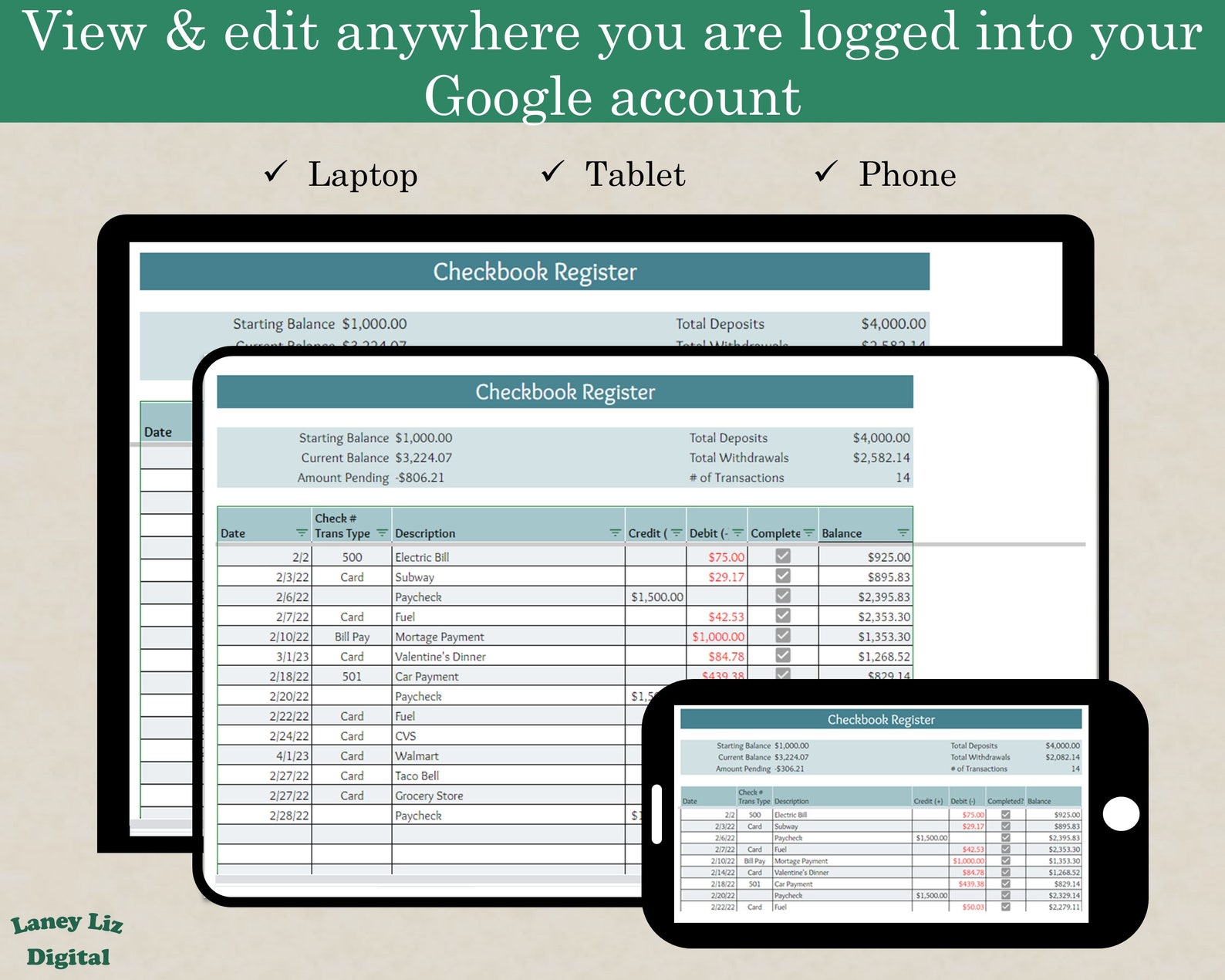 Digital Checkbook Register - Google Sheets | Checkbook Template - Etsy
