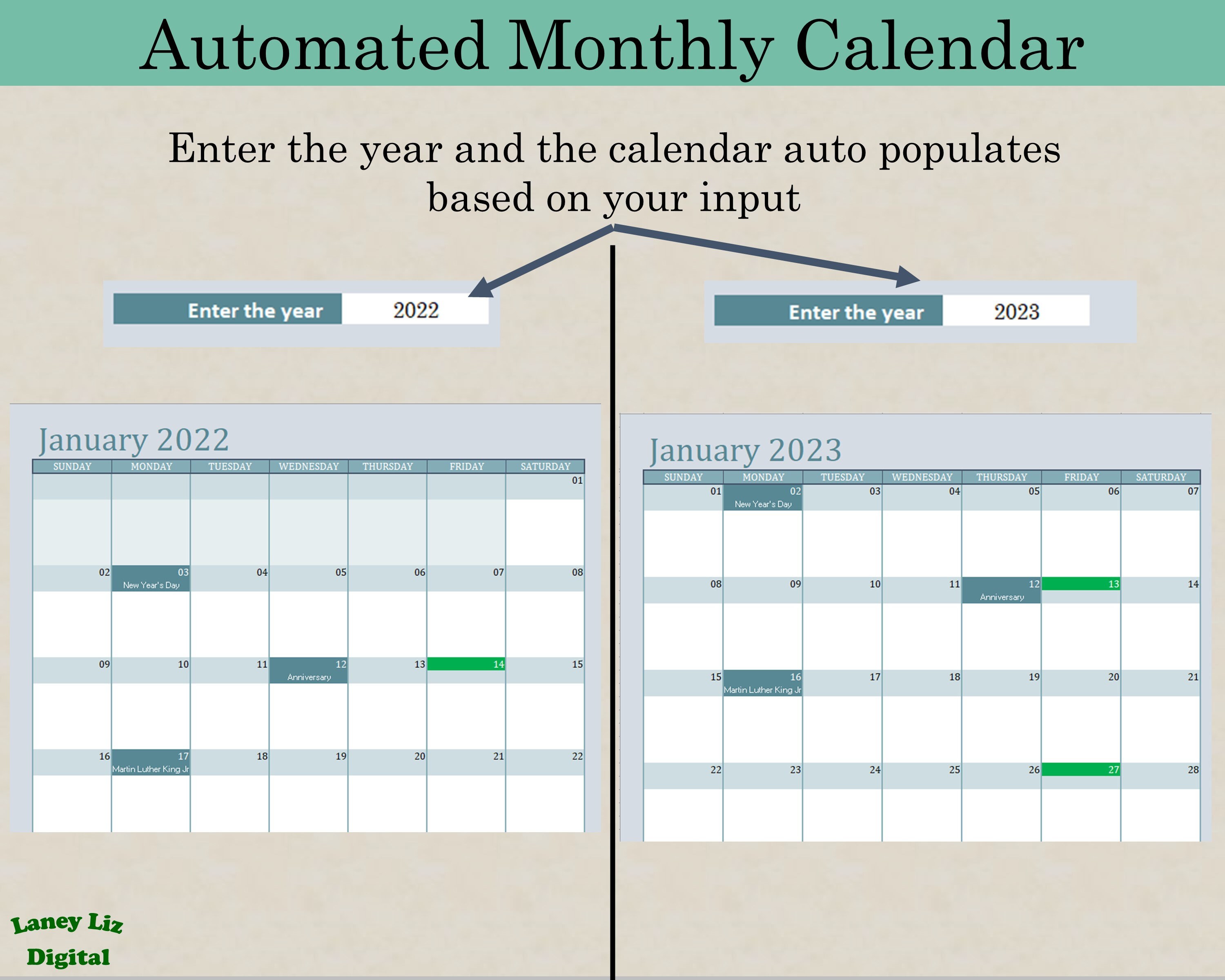 Editable Monthly Calendar Blue Grey Digital Excel Calendar 2023 Full ...