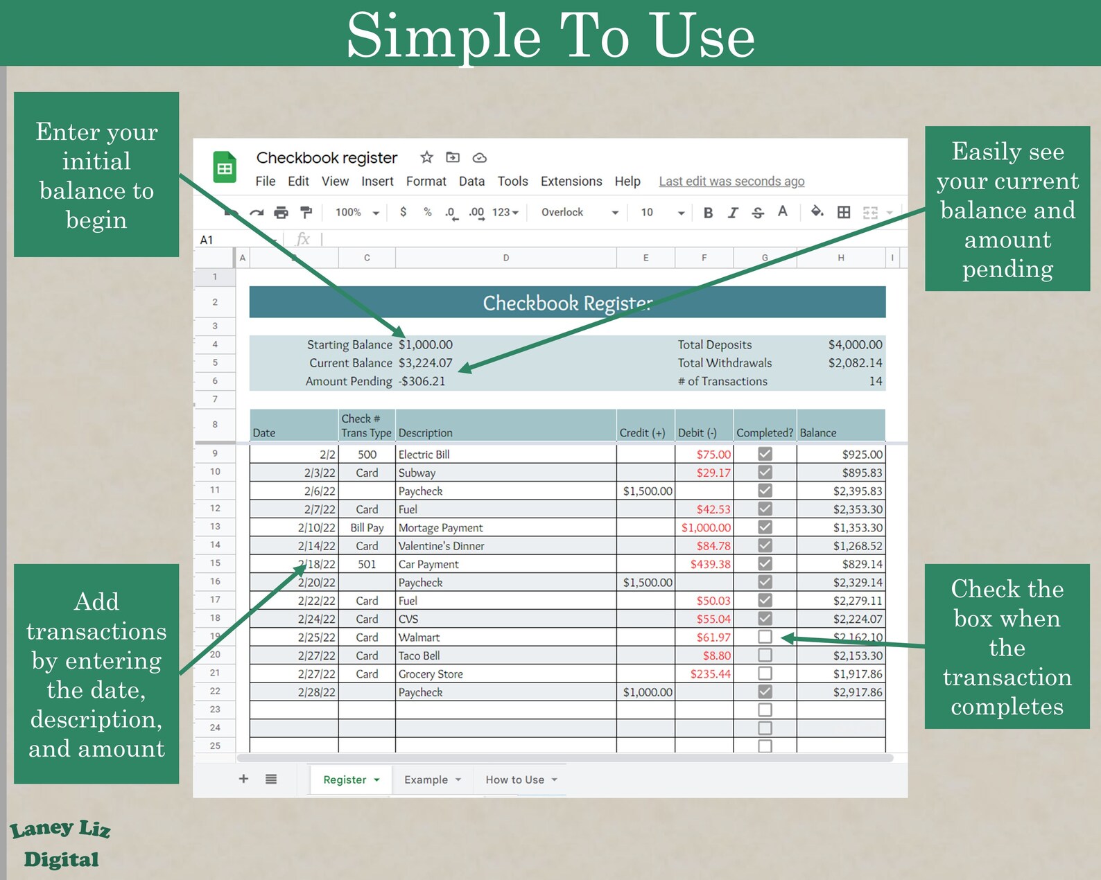 Digital Checkbook Register Google Sheets Checkbook - Etsy