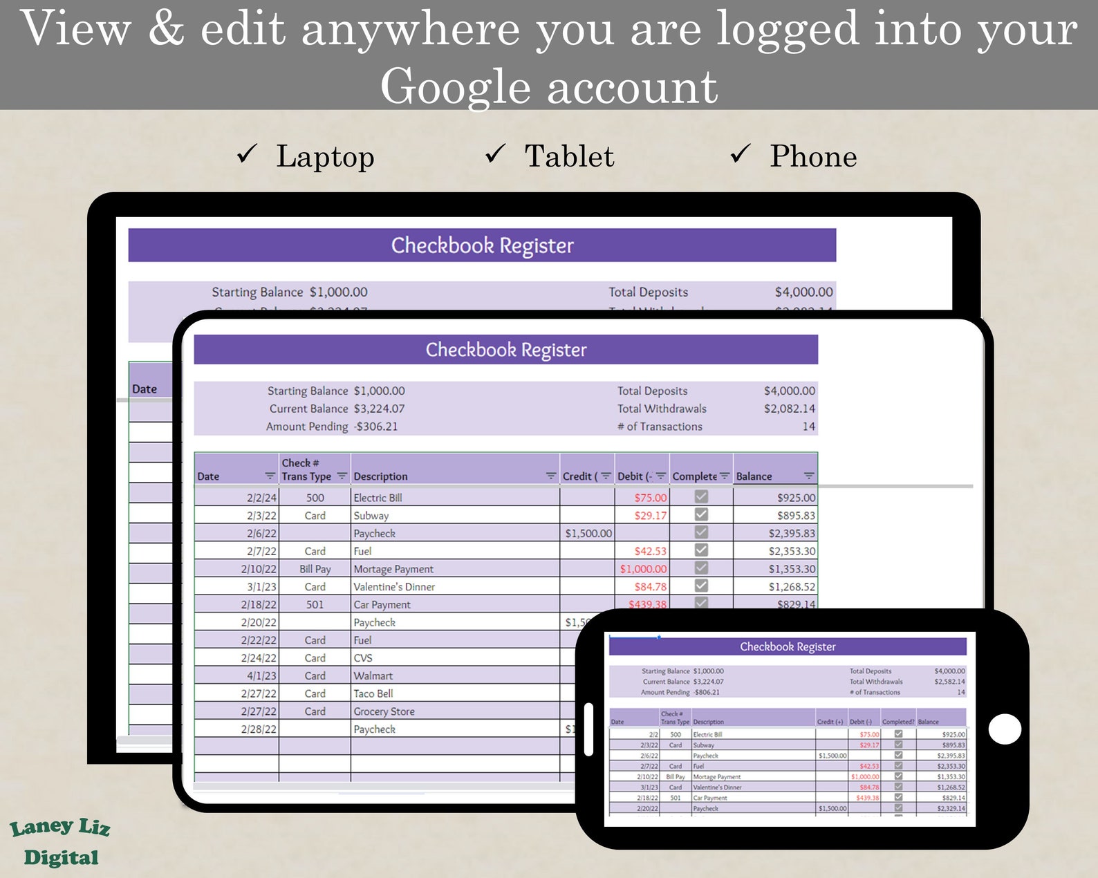Digital Checkbook Register - Google Sheets | Checkbook Template - Etsy