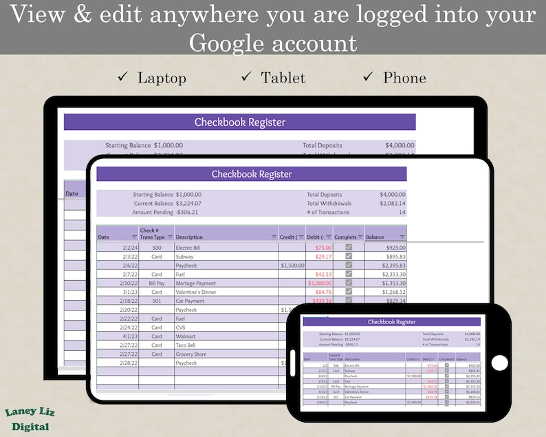 Digital Checkbook Register - Google Sheets | Checkbook Template - Etsy