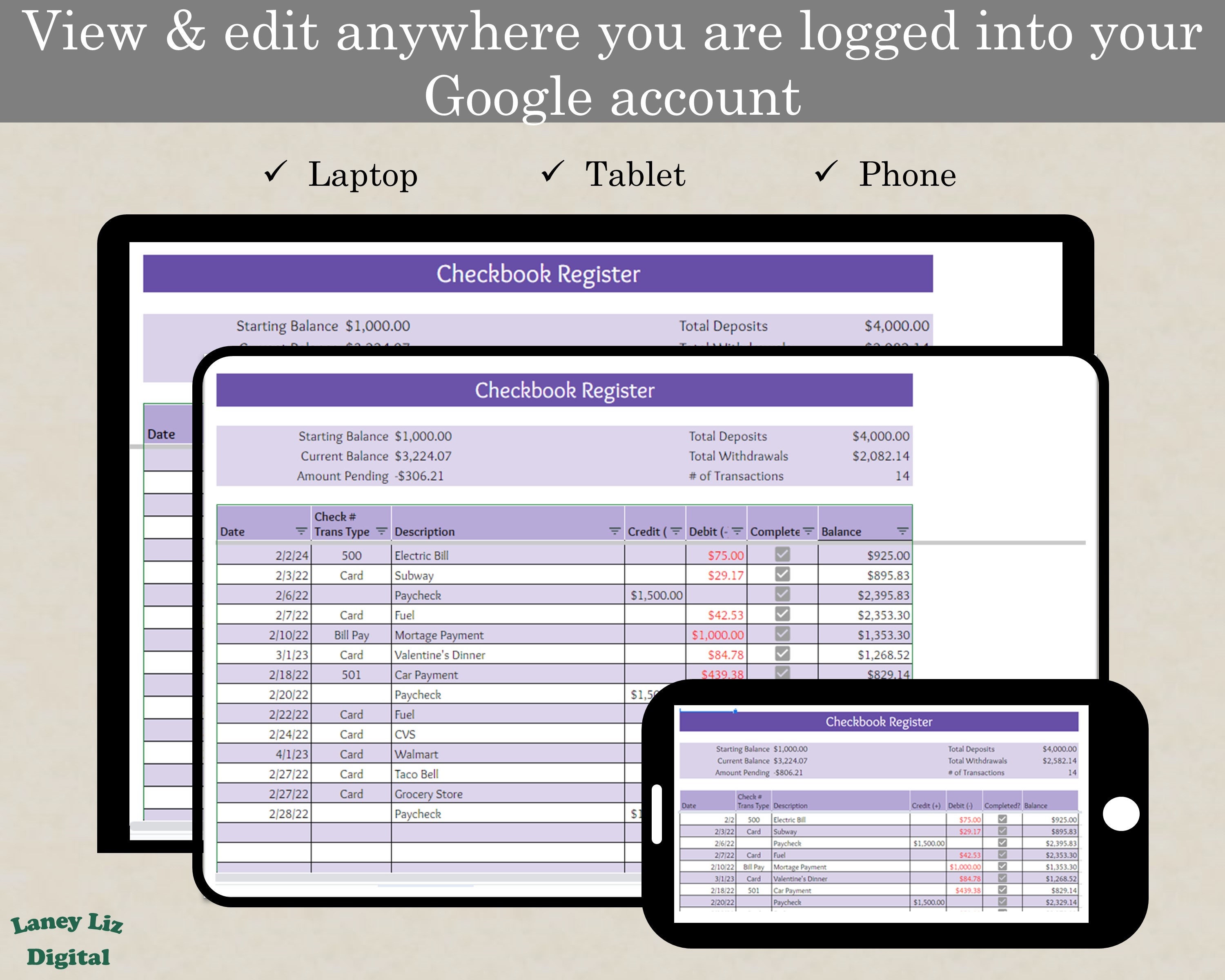 Digital Checkbook Register - Google Sheets | Checkbook Template - Etsy