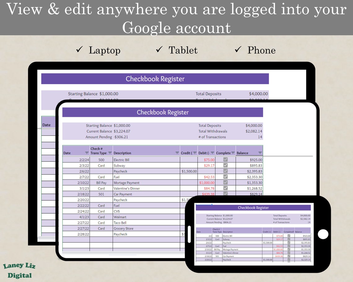 Digital Checkbook Register - Google Sheets | Checkbook Template - Etsy