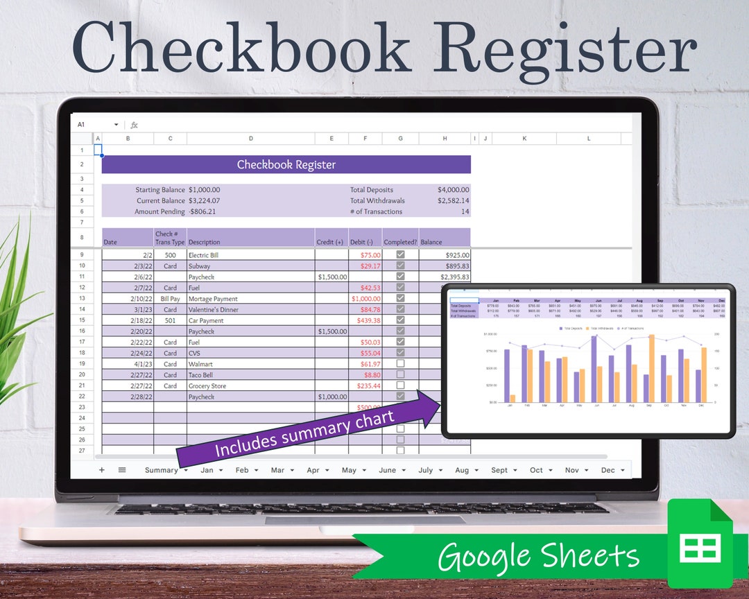 Digital Checkbook Register Google Sheets Checkbook Template - Etsy