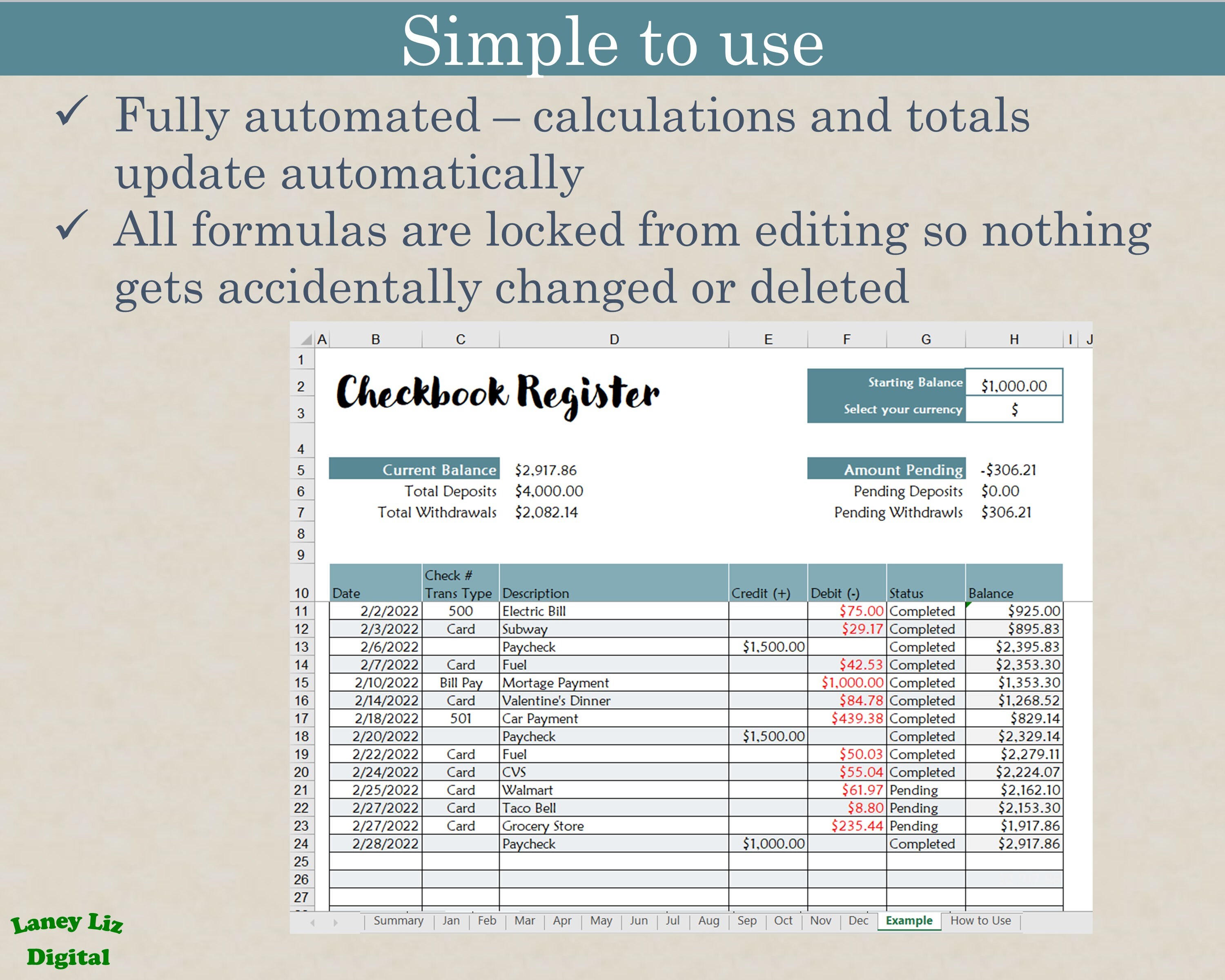 Digital Checkbook Register - MS Excel | Checkbook Template - Etsy