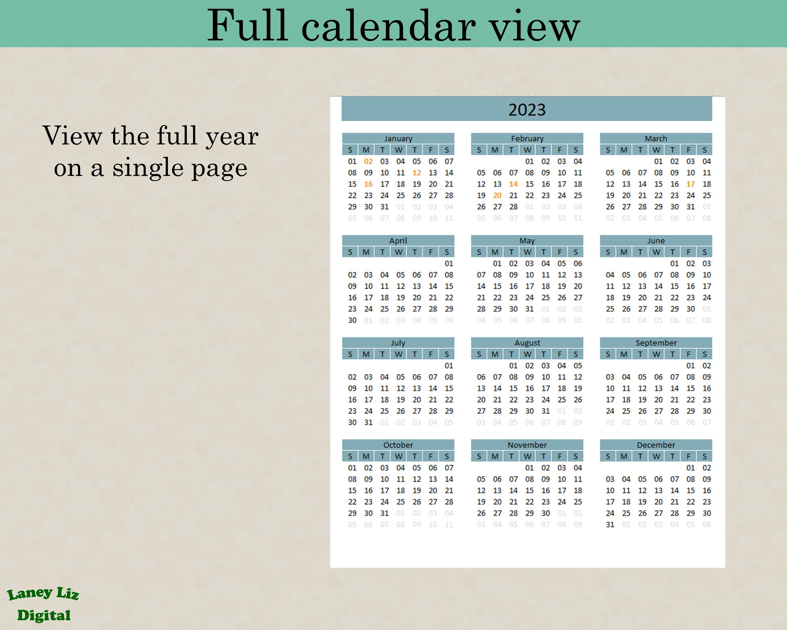 Editable Monthly Calendar Blue Grey Digital Excel Calendar 2023 Full ...