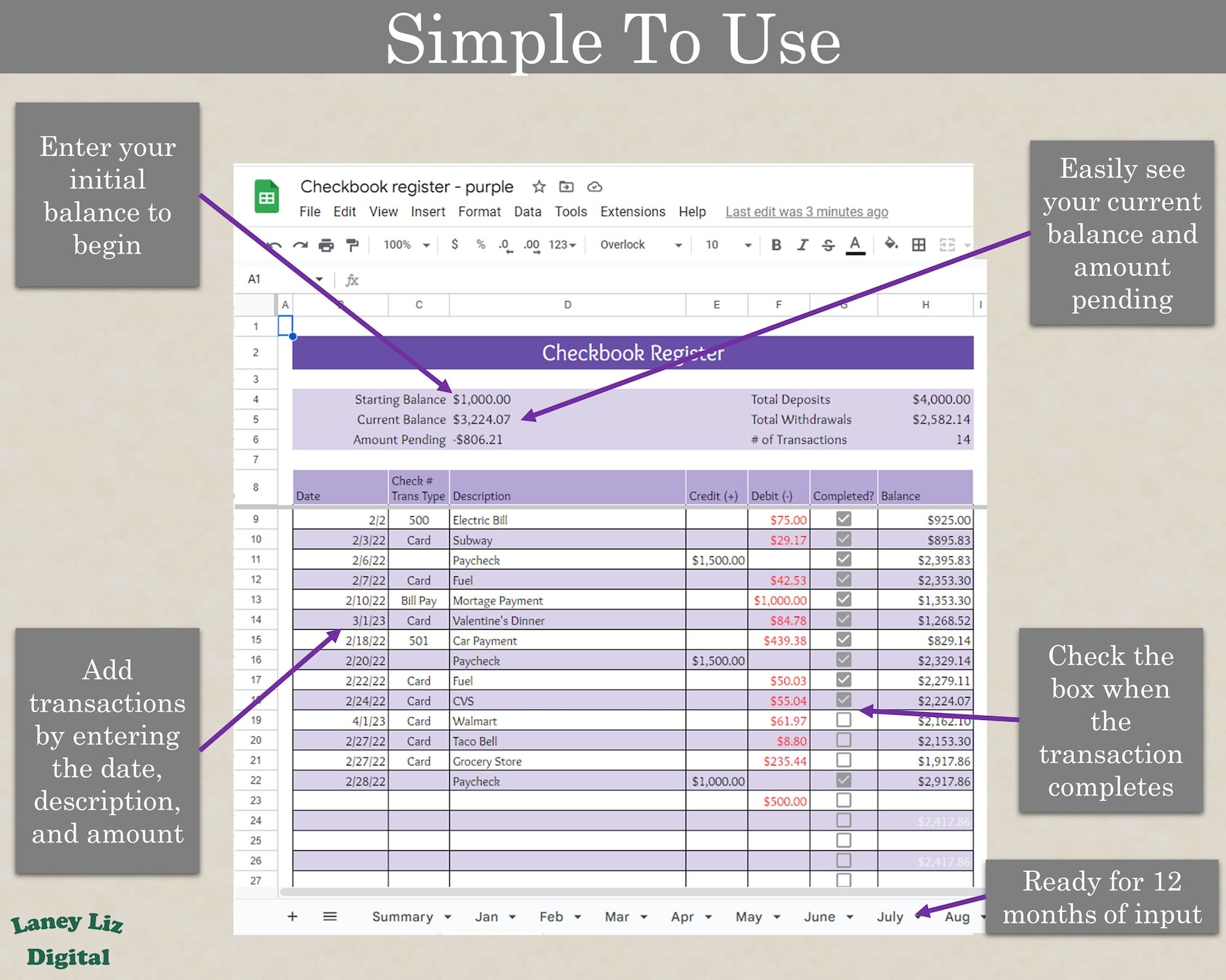 Digital Checkbook Register - Google Sheets | Checkbook Template - Etsy