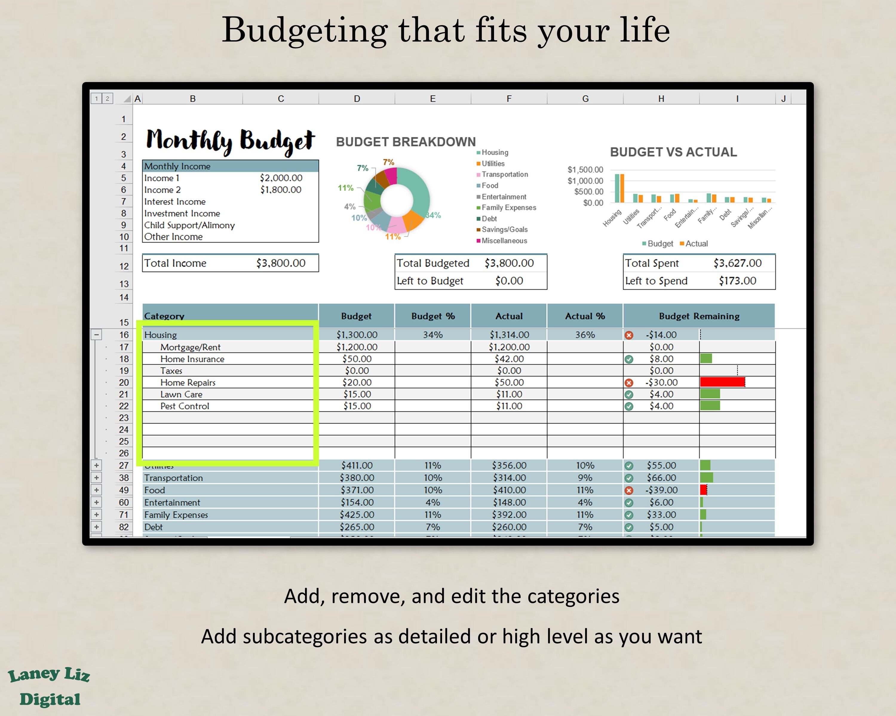 Monthly Budget Template - MS Excel | Budget Spreadsheet - Etsy