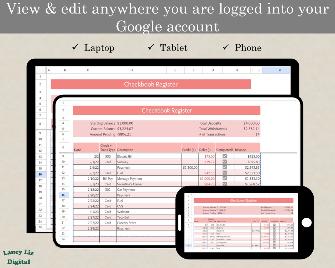 Digital Checkbook Register - Google Sheets | Checkbook Template - Etsy