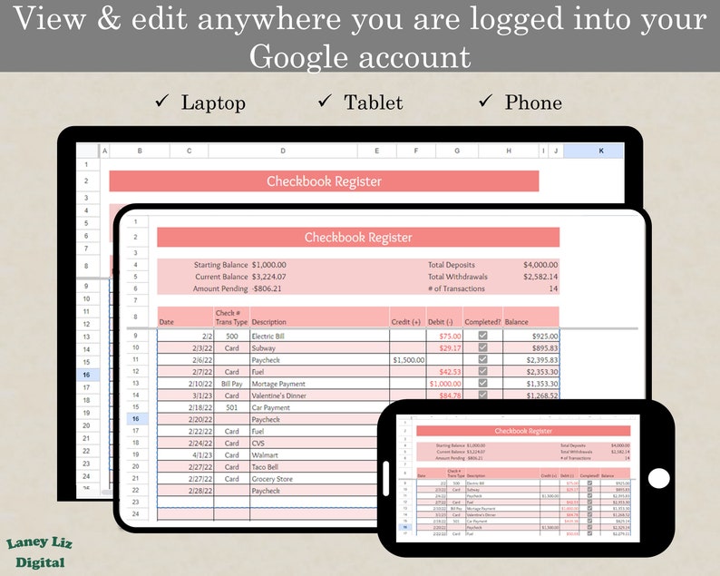 Digital Checkbook Register - Google Sheets | Checkbook Template - Etsy