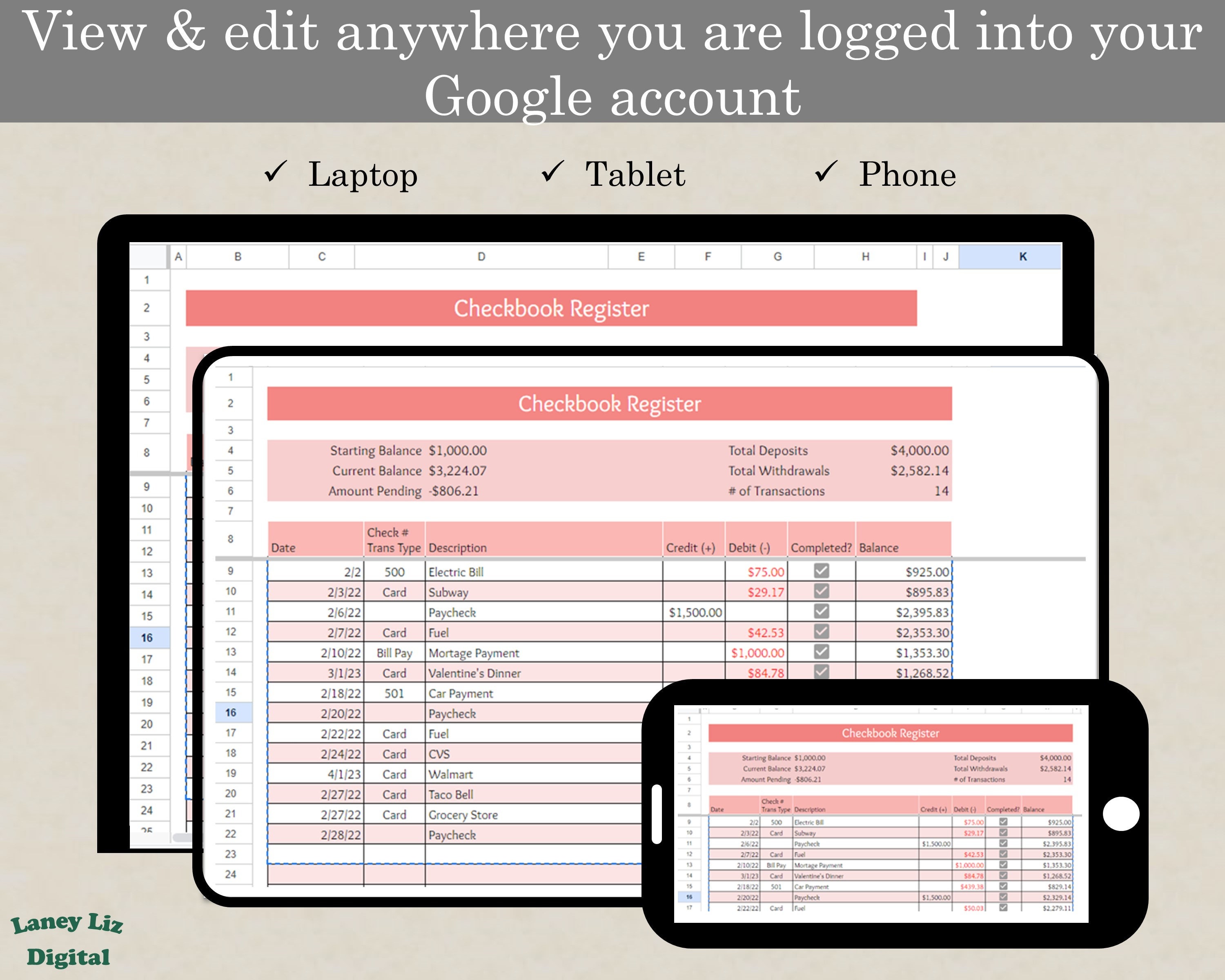 Digital Checkbook Register - Google Sheets | Checkbook Template - Etsy