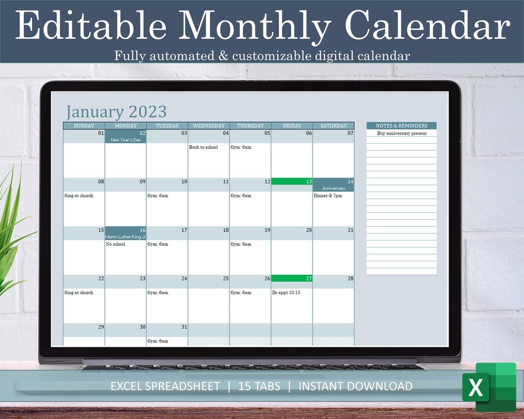 Editable Monthly Calendar Blue Grey Digital Excel Calendar 2023 Full ...