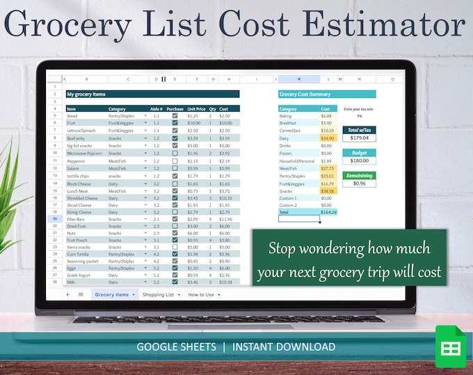 Grocery Shopping Budget List Excel Spreadsheet Template (works W ...