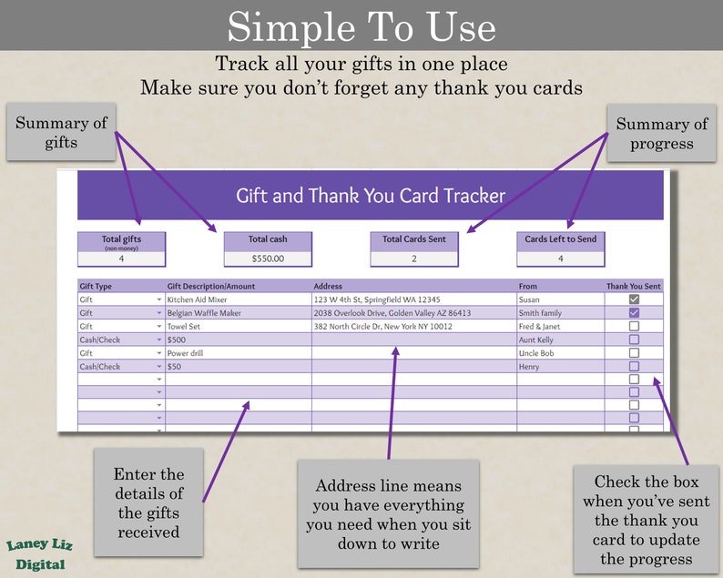 Gift and Thank You Card Tracker, Wedding Gift List, Baby Shower Present ...