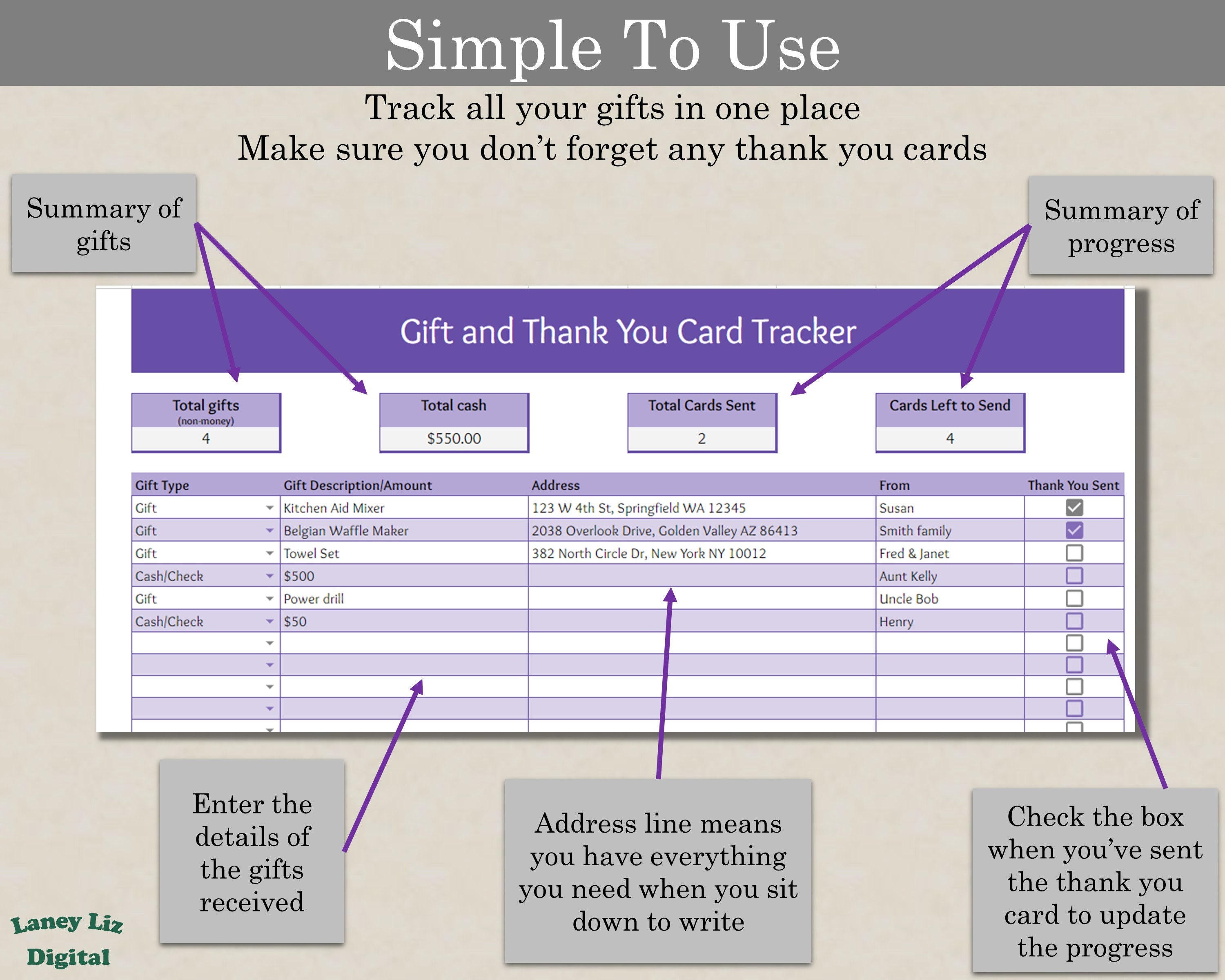 Gift and Thank You Card Tracker, Wedding Gift List, Baby Shower Present ...