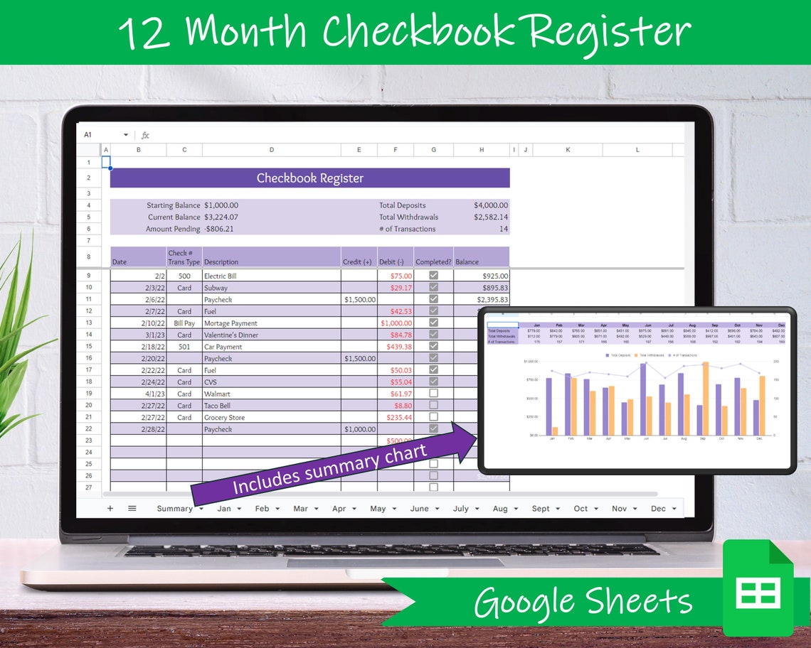 Digital Checkbook Register - Google Sheets | Checkbook Template - Etsy