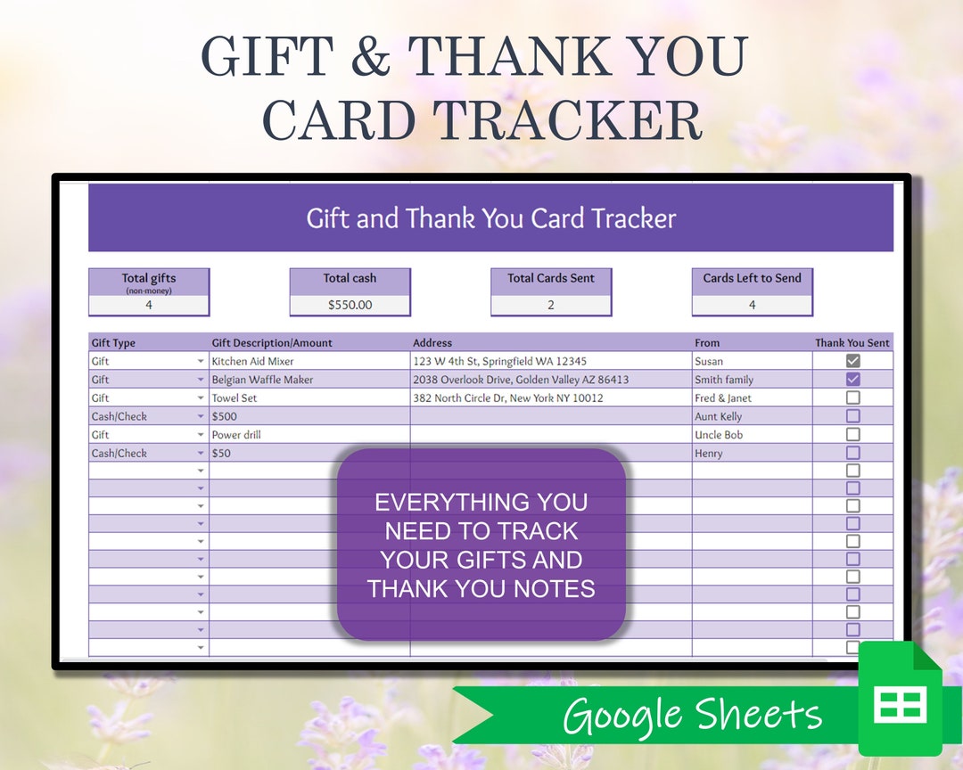 Gift and Thank You Card Tracker, Wedding Gift List, Baby Shower Present ...