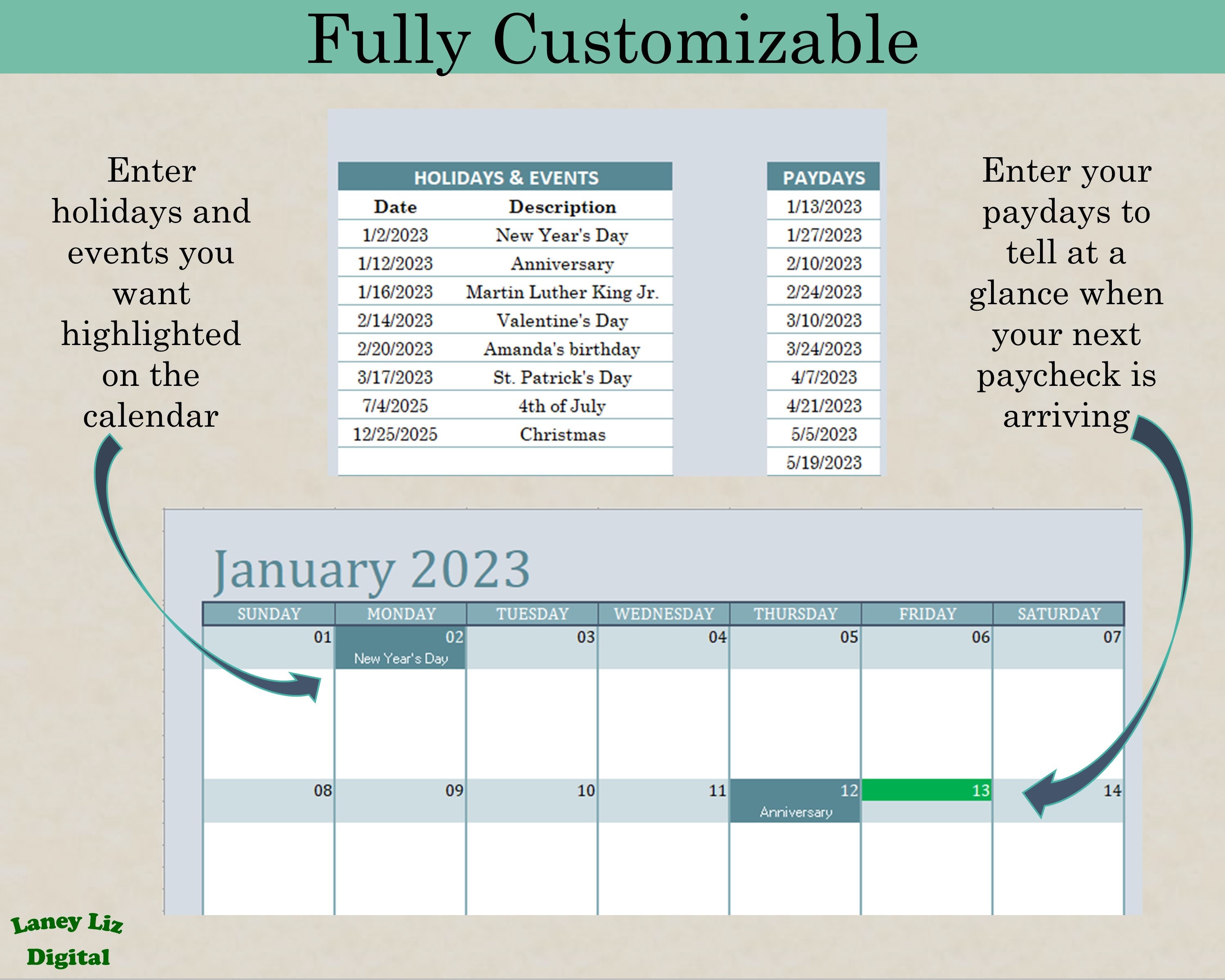 Editable Monthly Calendar Blue Grey Digital Excel Calendar 2023 Full ...