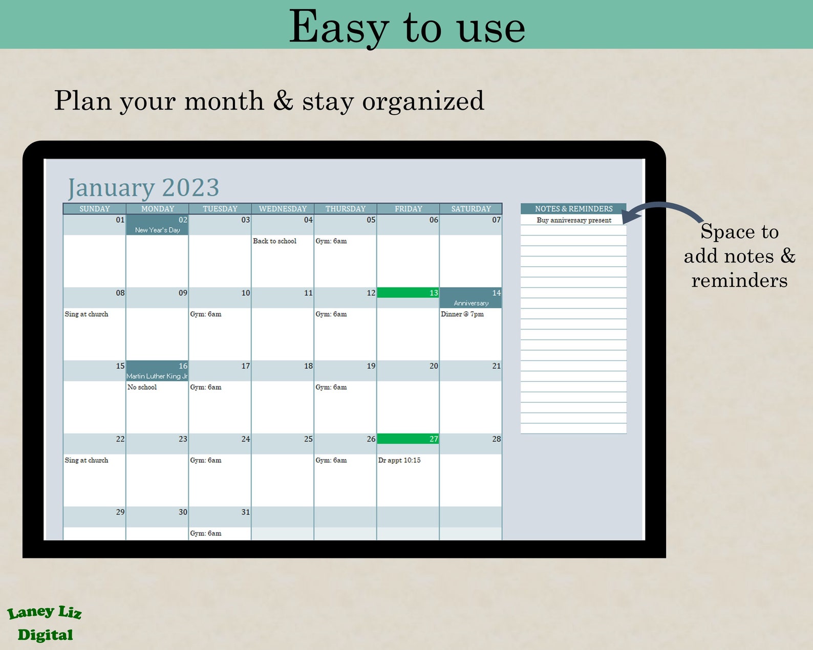 Editable Monthly Calendar Blue Grey Digital Excel Calendar 2023 Full ...