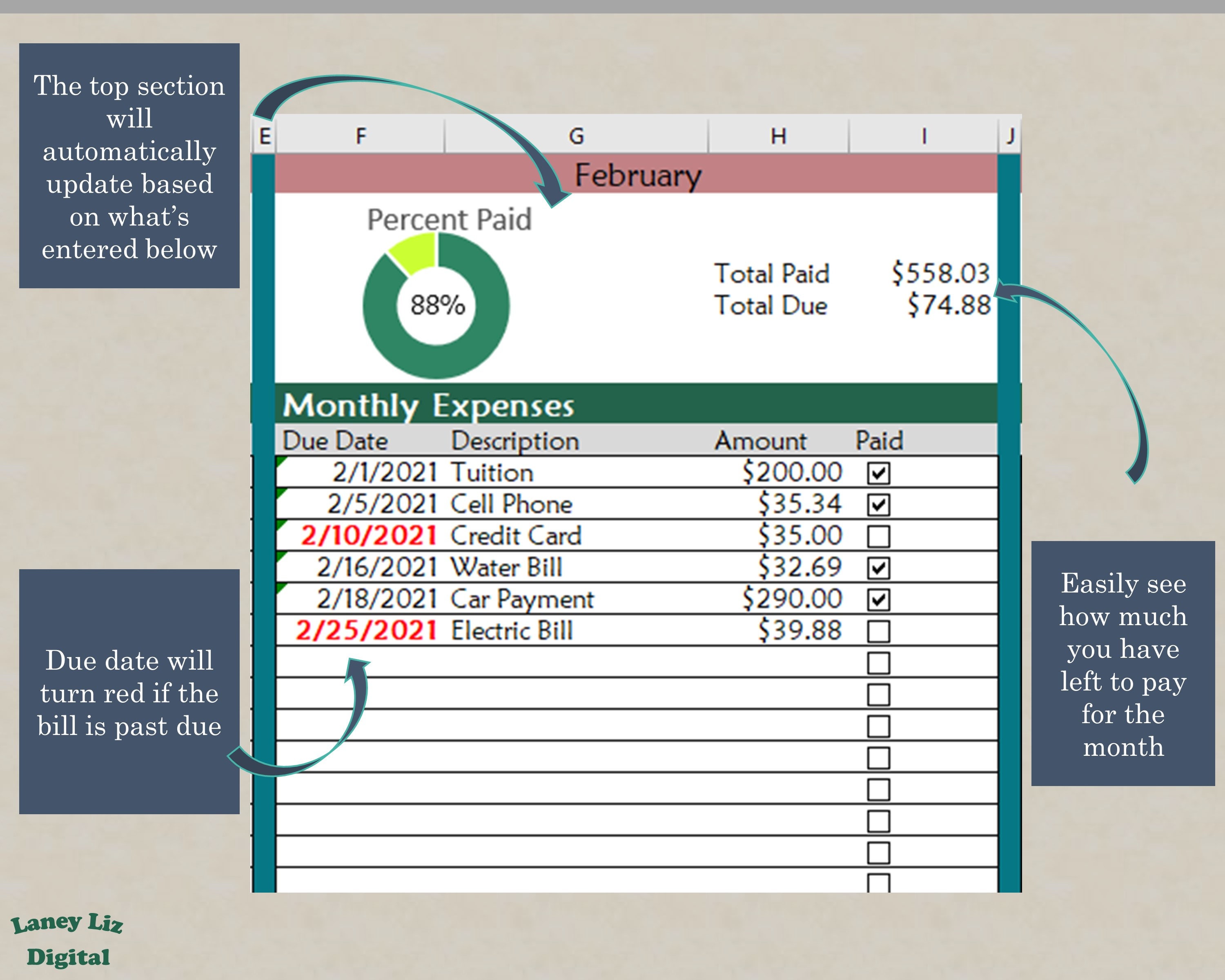 EXCEL Bill Payment Tracker 15 Lines | Monthly Bill Checklist | Spending ...