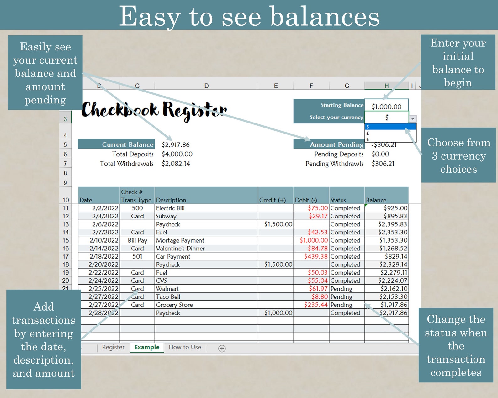 Digital Checkbook Register - MS Excel | Checkbook Template - Etsy