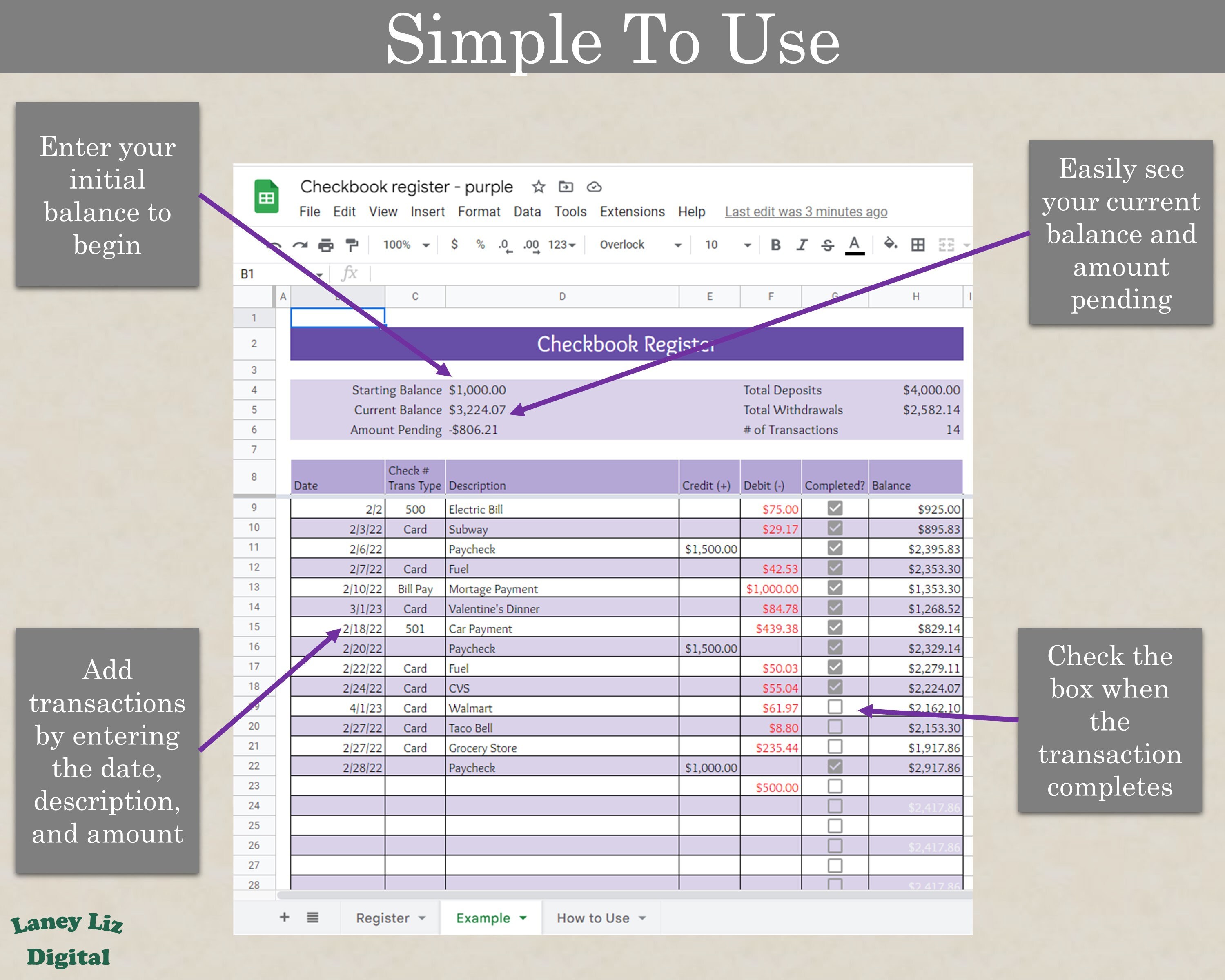 Digital Checkbook Register Google Sheets Checkbook - Etsy