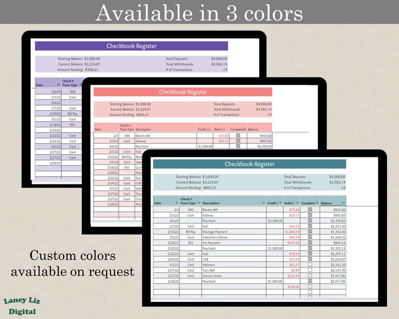 Digital Checkbook Register - Google Sheets | Checkbook Template - Etsy