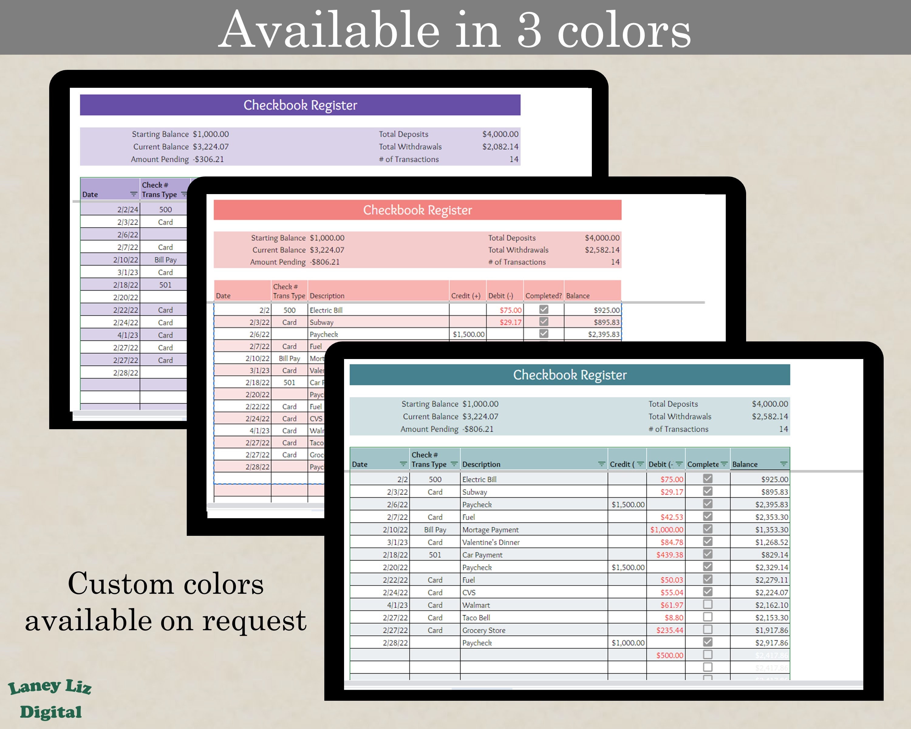 Digital Checkbook Register - Google Sheets | Checkbook Template - Etsy